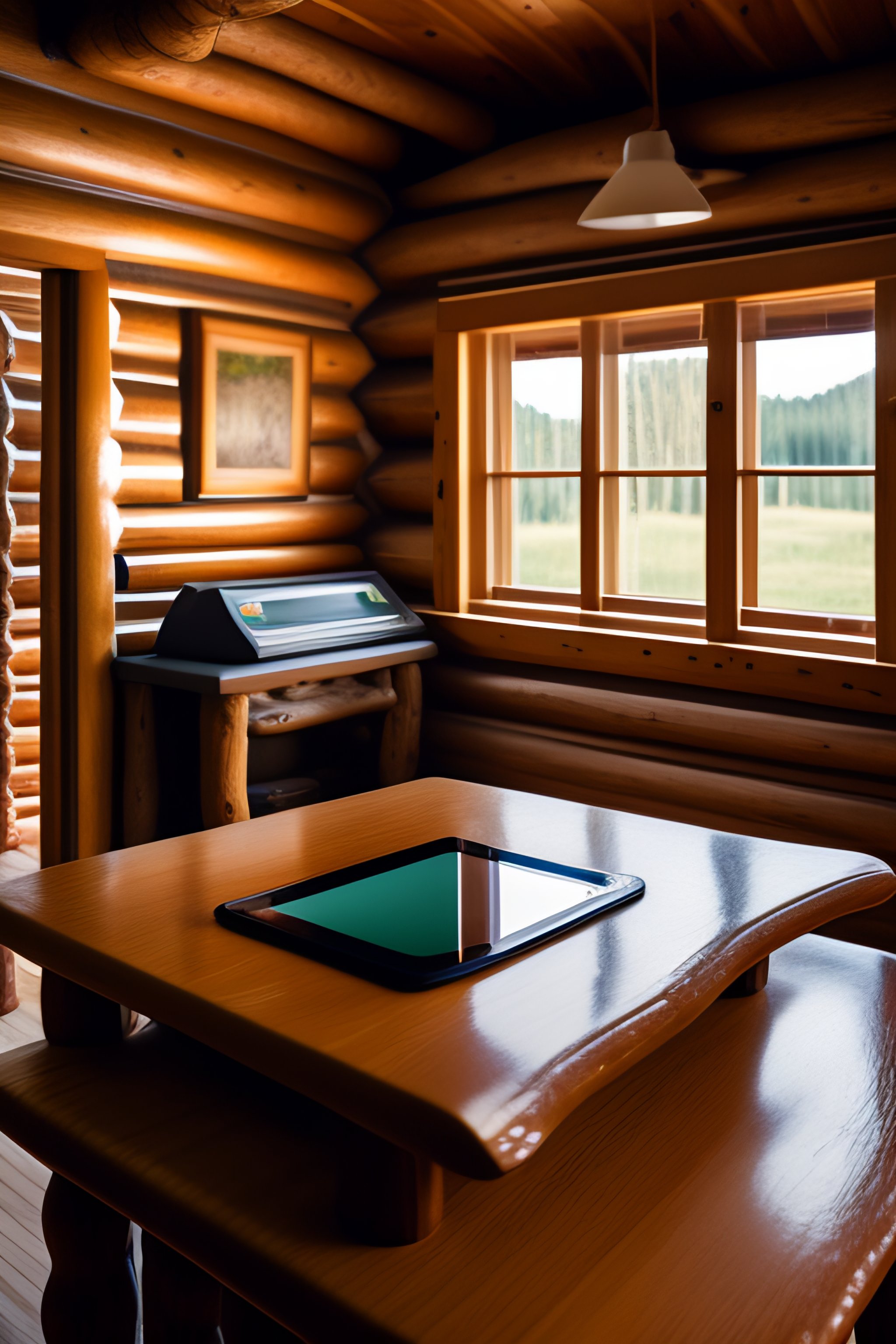 Lexica - Interior of a log cabin with a tablet on a counter at the ...
