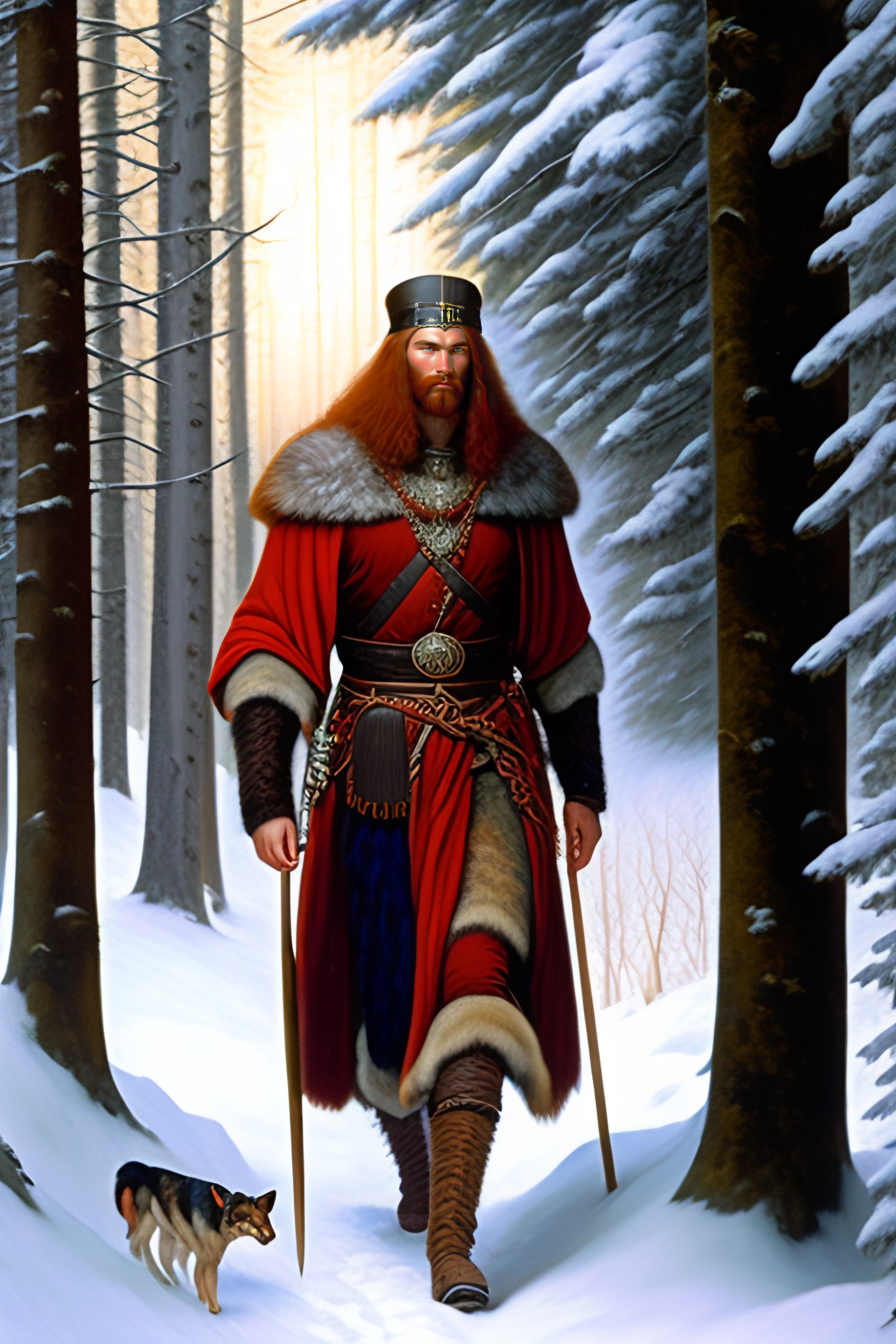 Lexica - Warrior red head man, with wolves, black haired woman, woolen ...