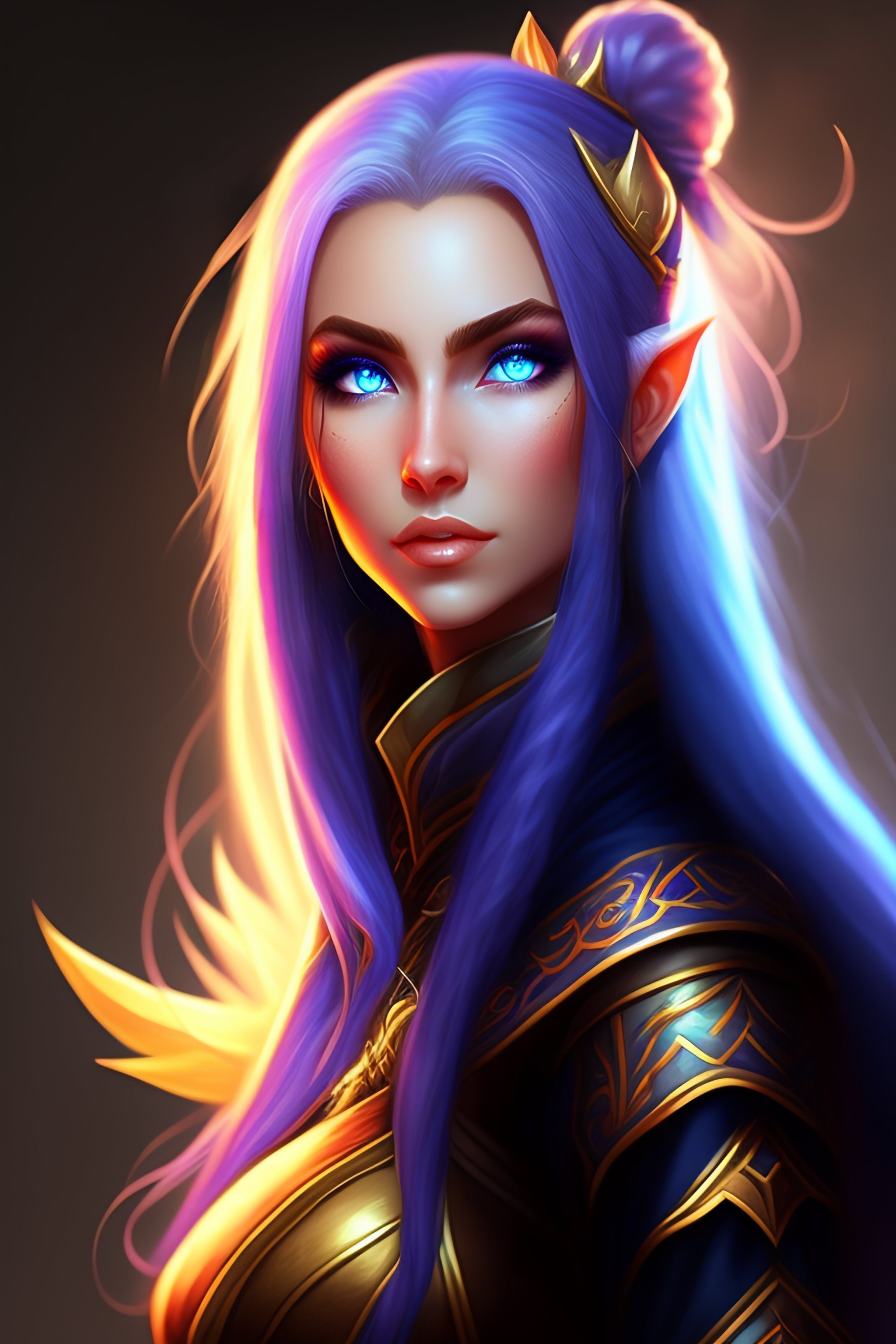 Lexica - Elf, dota 2, female, full body, archer, black hair, blue eyes