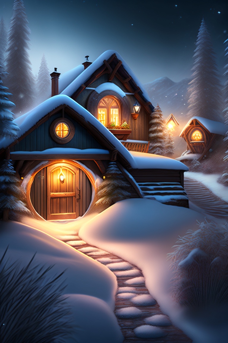 Lexica - A hobbit village with many home in winter with snow, at night ...