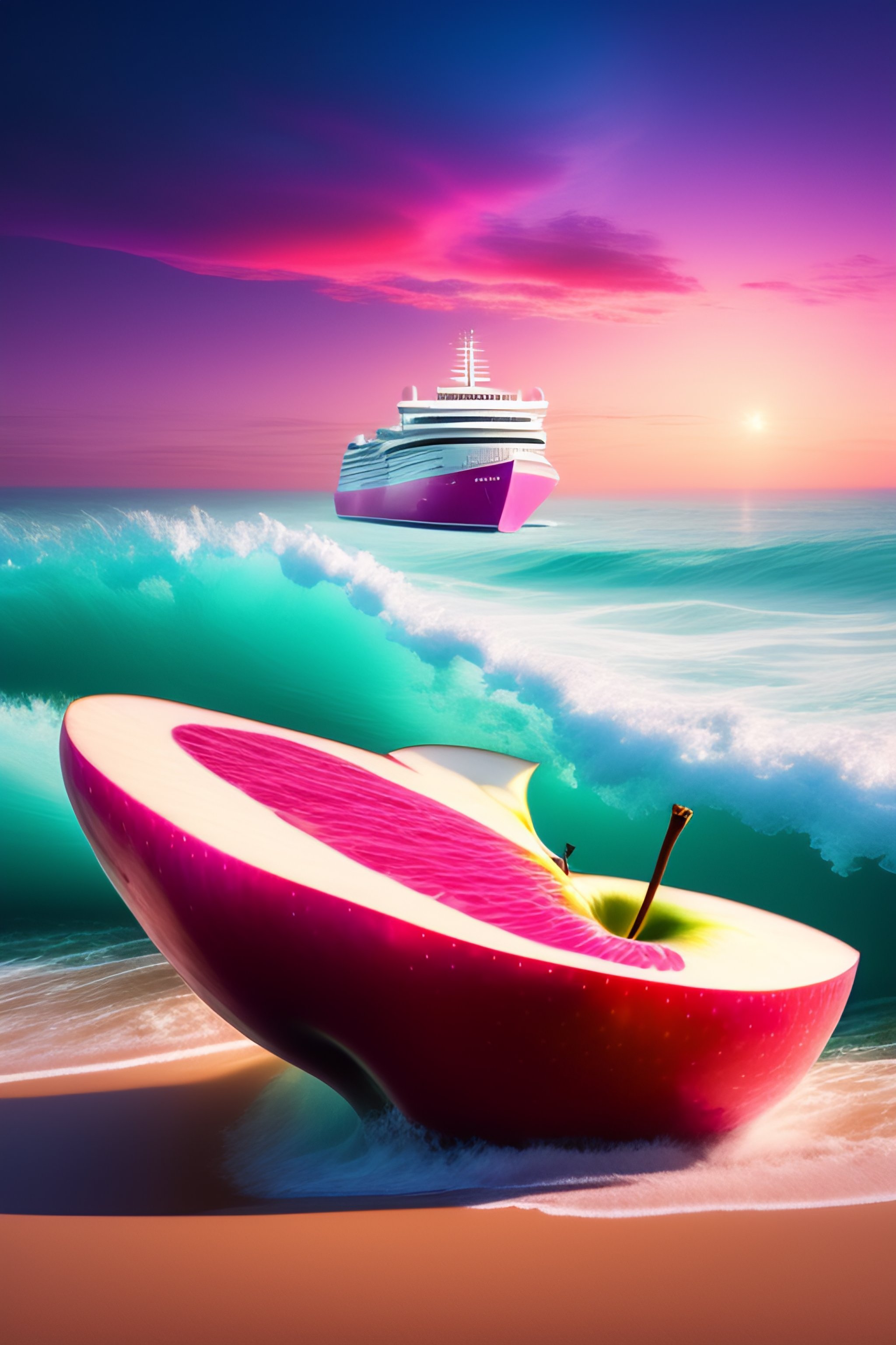 Lexica - Pink apple ship load in mid of ocean