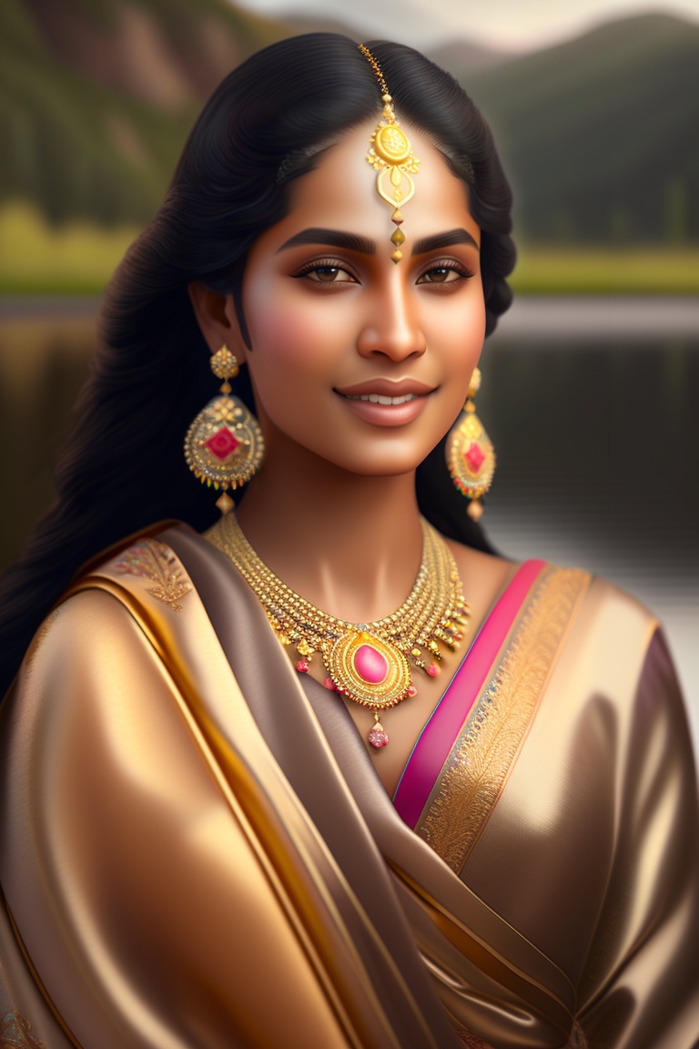 Lexica - Portrait of 1 pure young India woman, standing by a river in ...