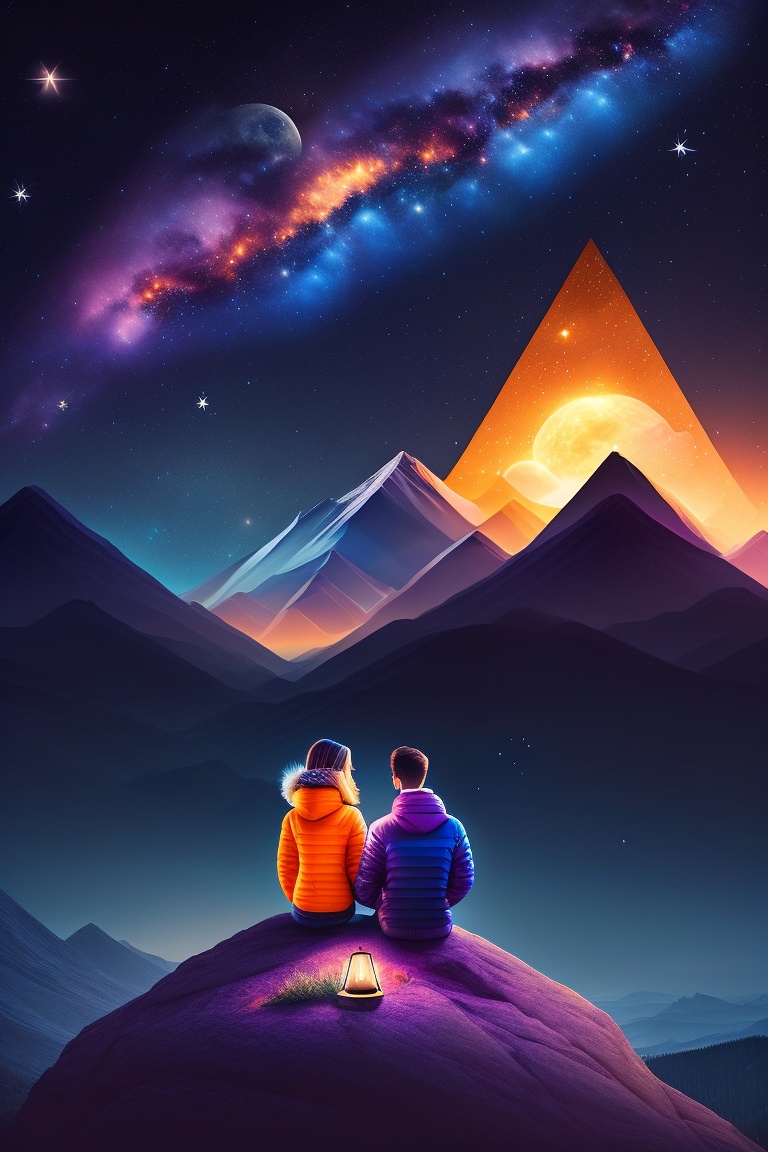 Lexica - A Girl with boy in a night fire , star night and mountains