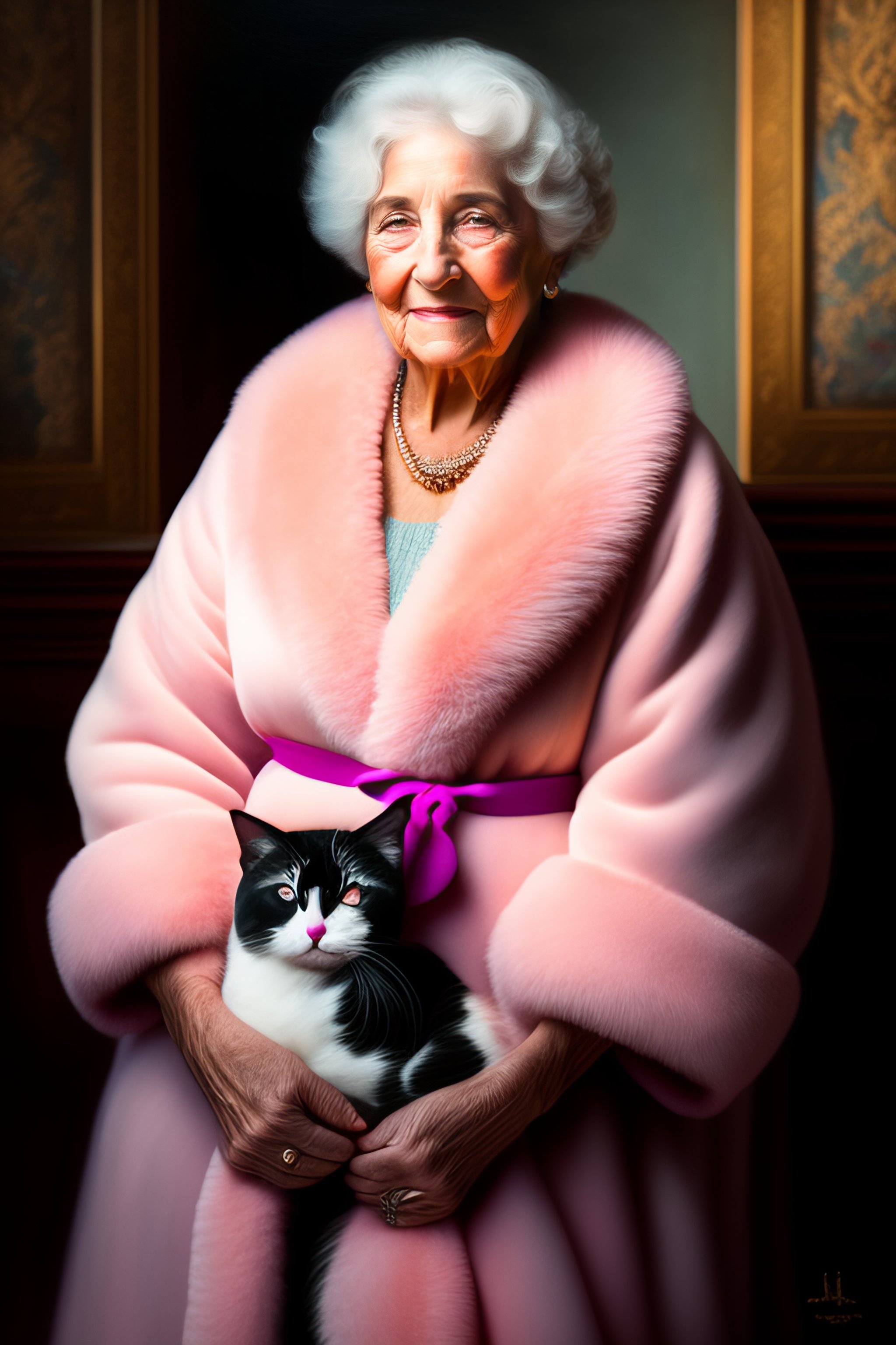 Lexica - Portrait of an old Jewish woman in a fluffy pink robe with cats