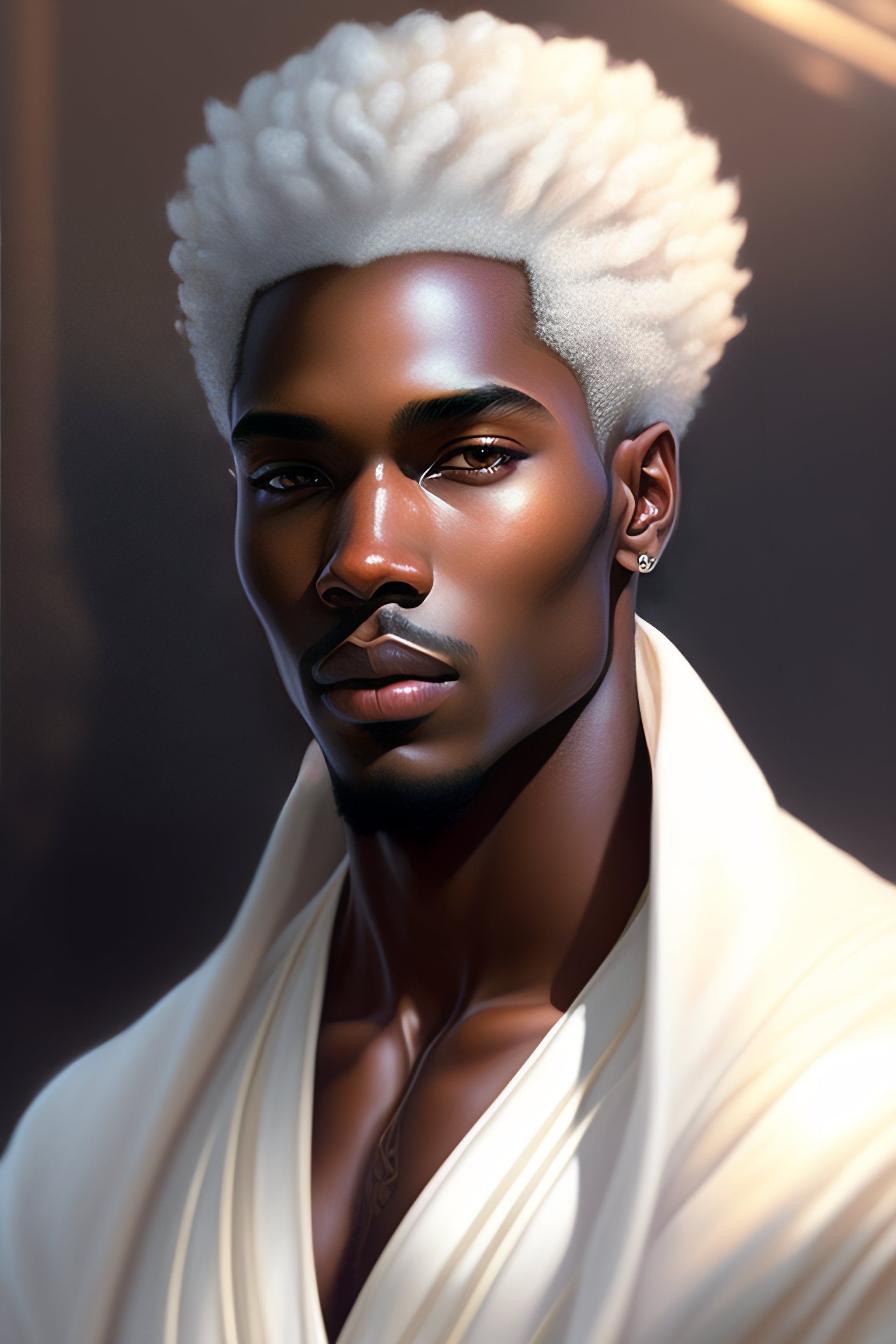 Lexica Ultra Realistic Illustration Young Man With Bronze Skin Afro White Hair White Robe