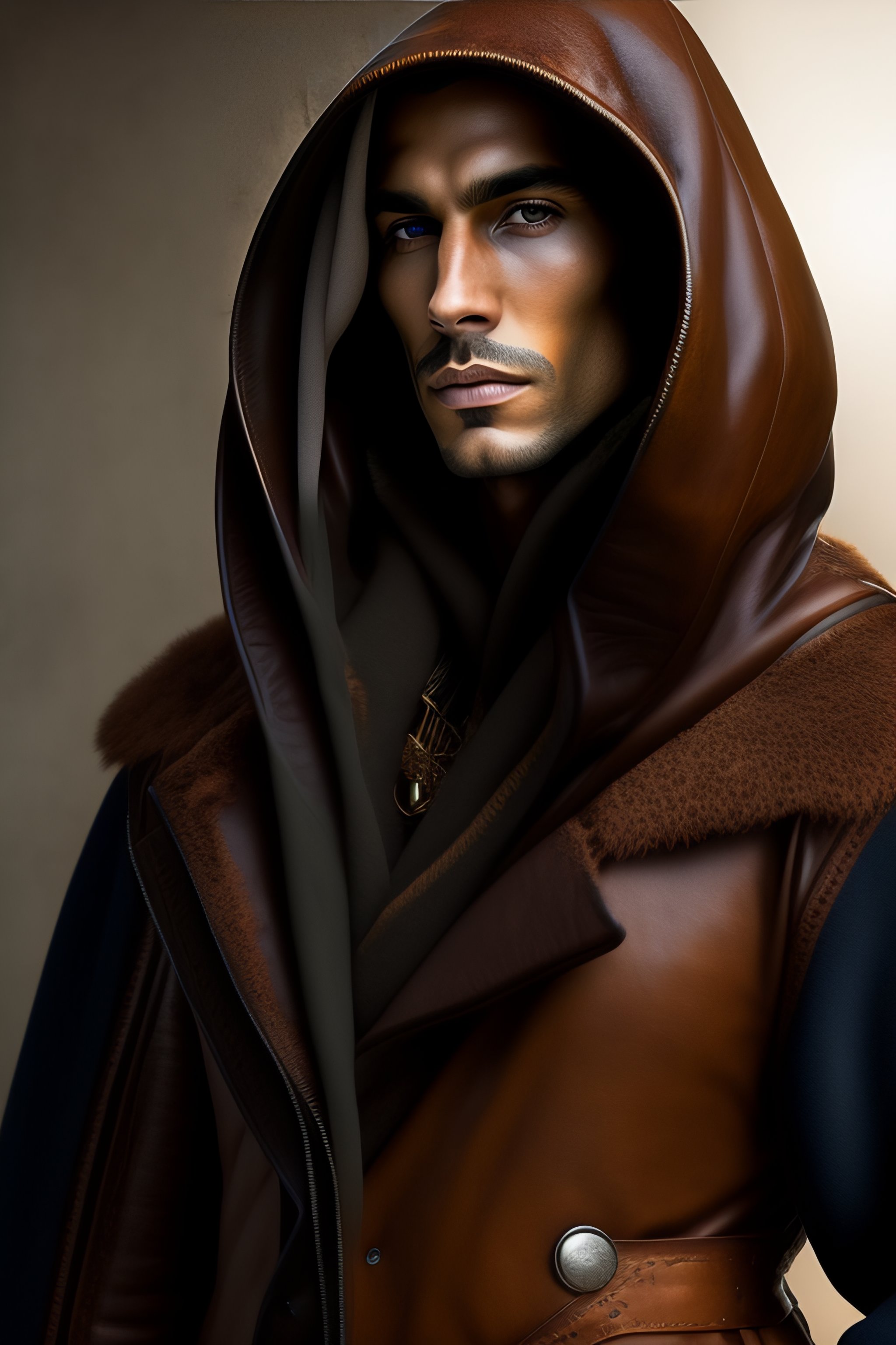 Lexica - An humanoid with a dirty brown leather ragged hooded jacket ...