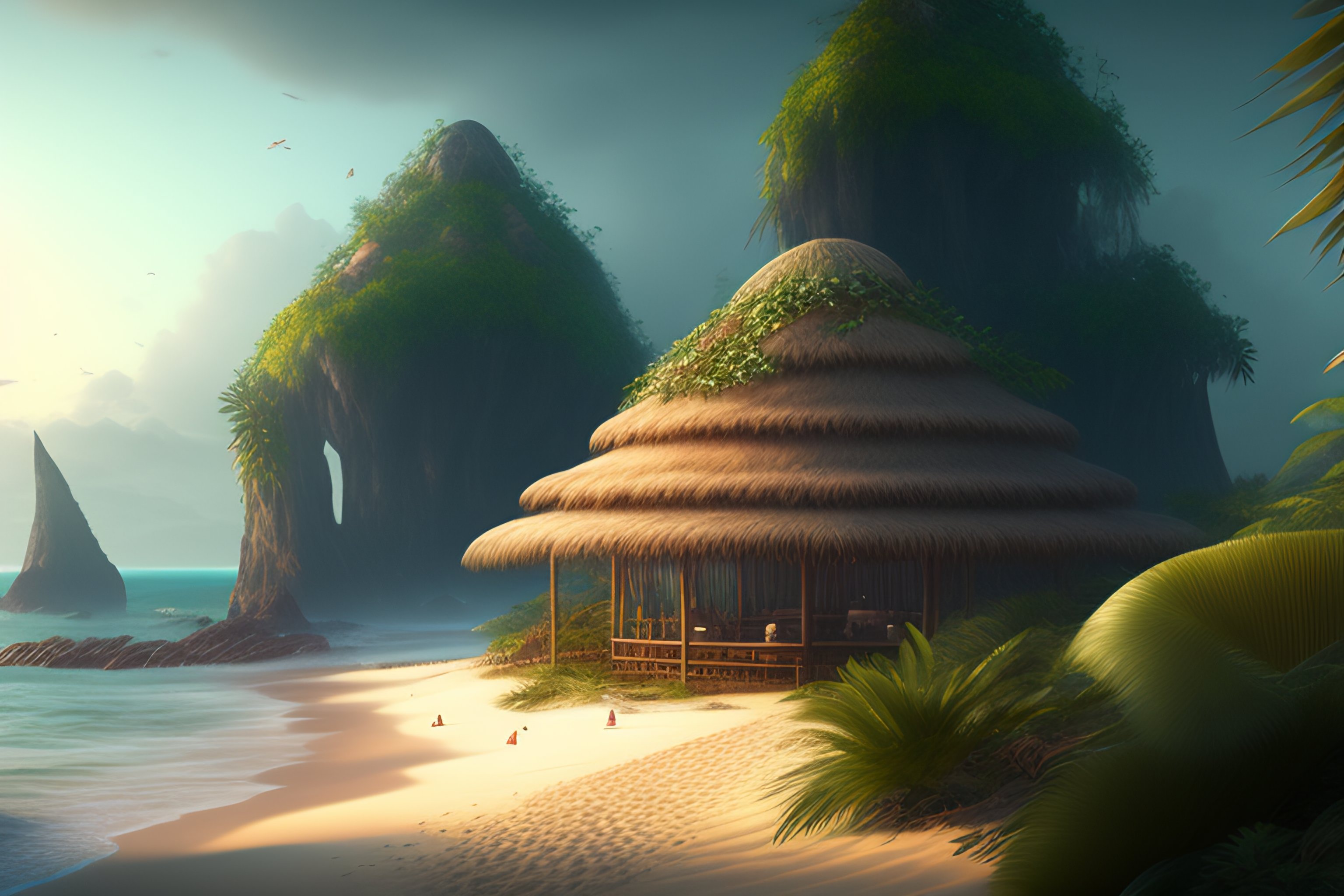 Lexica - Giant elven hut bamboo on tropical island beach yucca giant ...