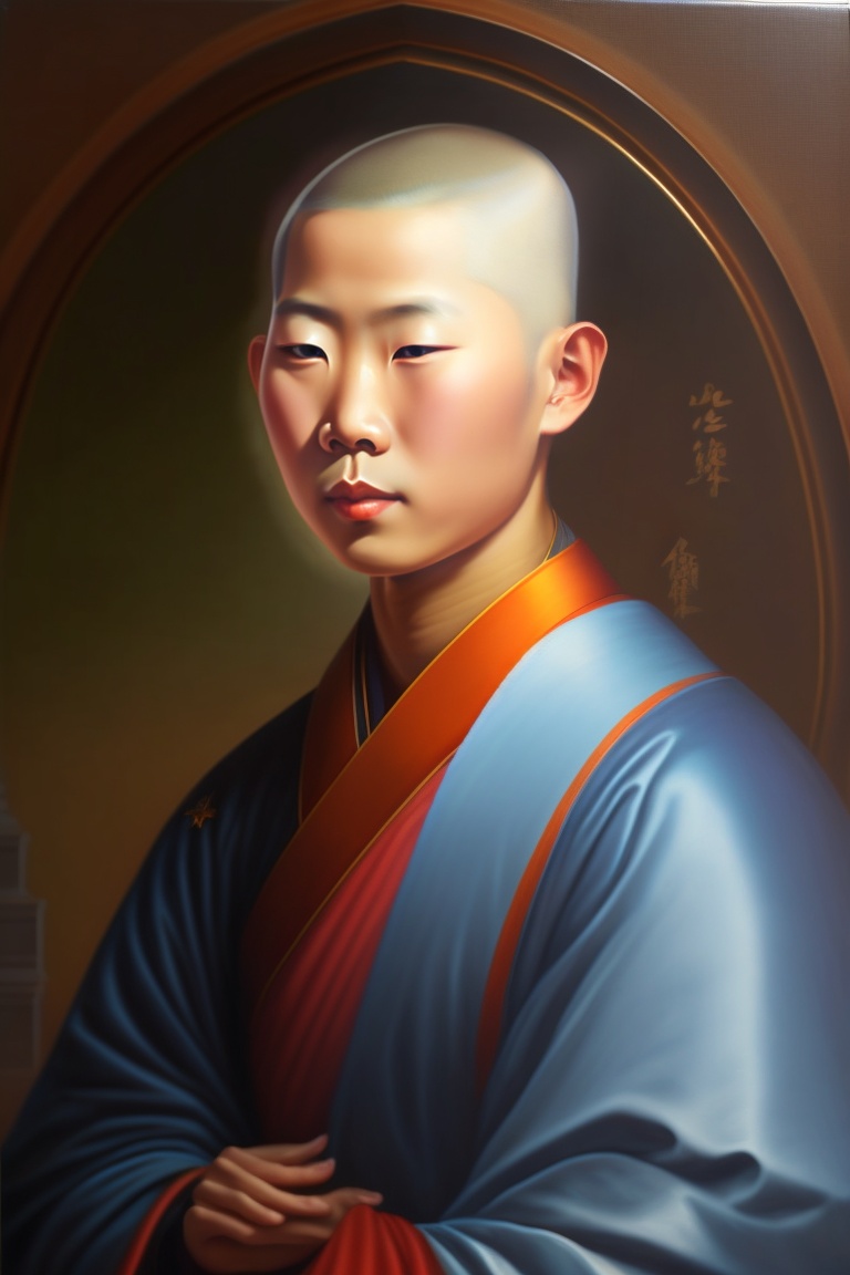 Lexica - Oil paiting of a chinese monk, temple,nack crane,no hair