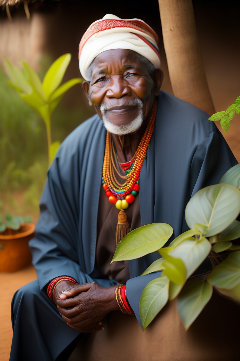 Lexica - An African healer who is old, who is in a medicinal plant garden