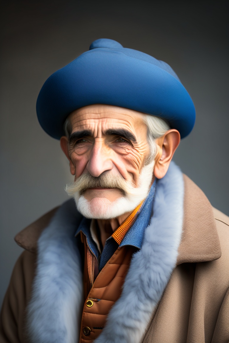 Lexica - An old Kurdish man, with a colored pooch on his head, a ...
