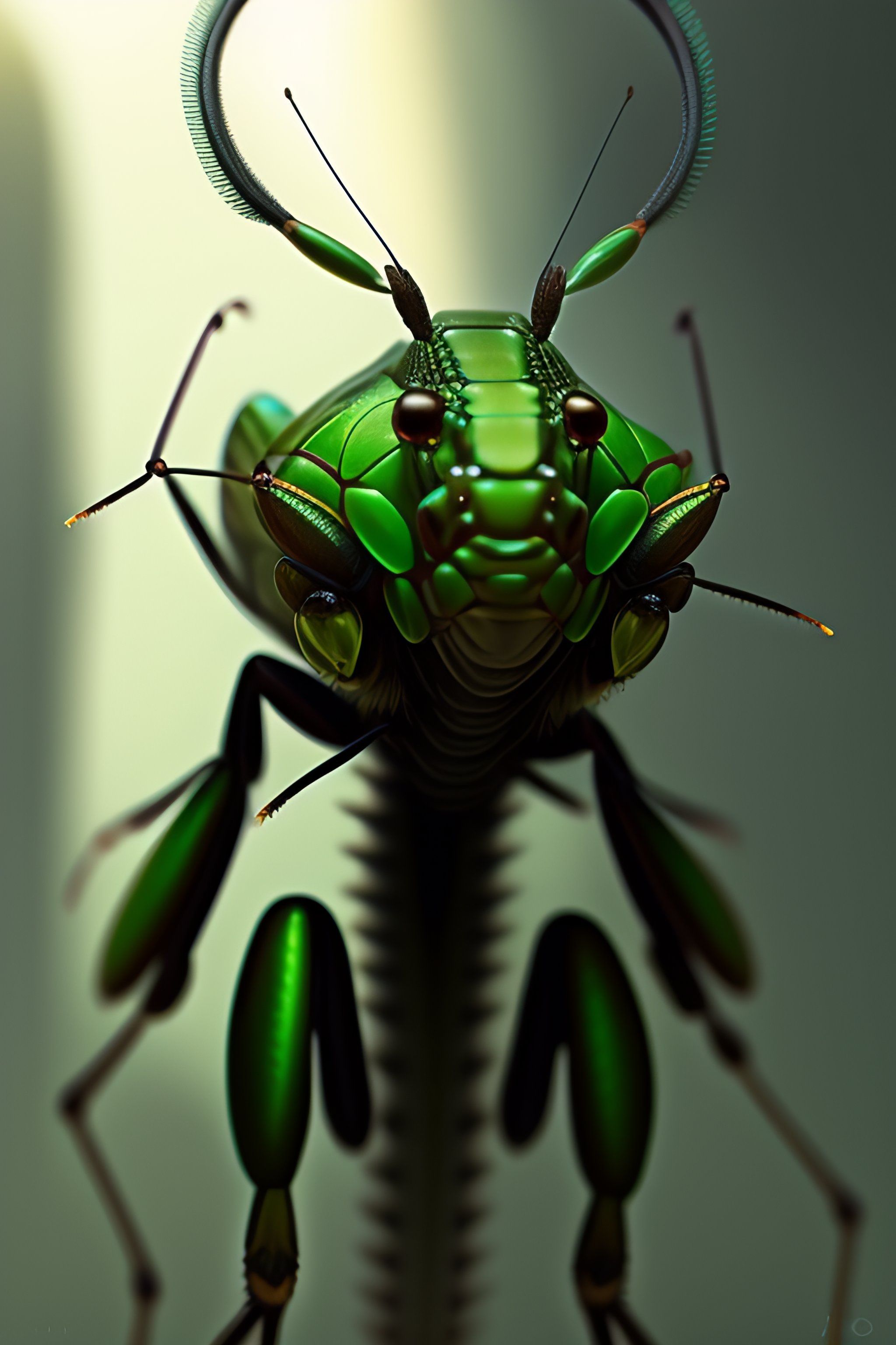 Lexica - Full body shot a of green man - mantis ; head with antennae ...