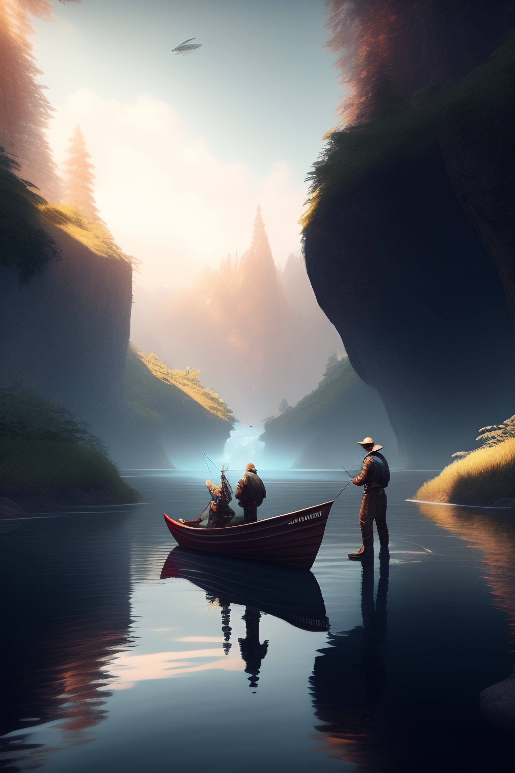 Lexica - 3 friends with fishing rods in a boat fishing in a hidden ...