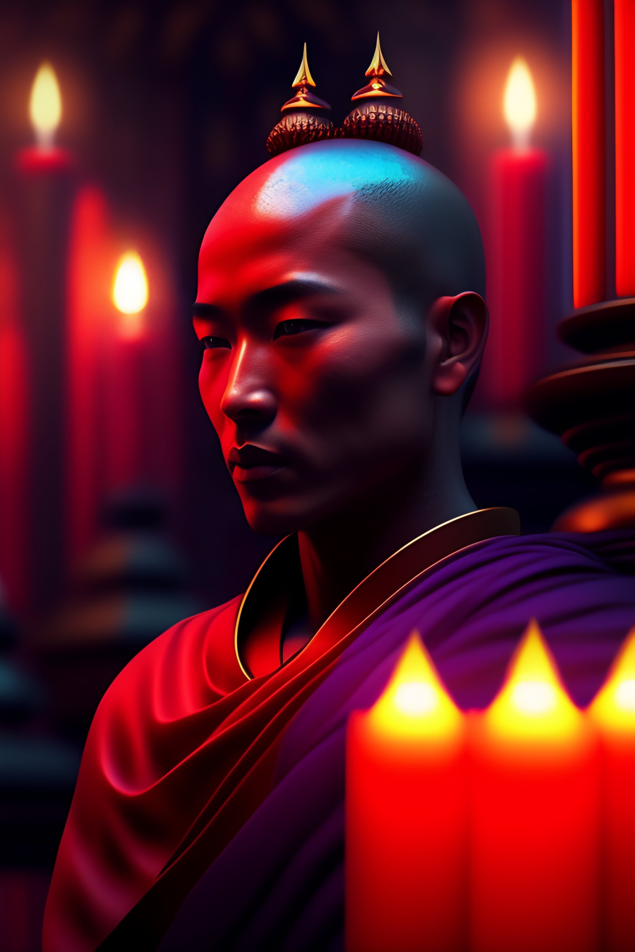 Lexica - Cyberpunk, buddhist monk, candles, temple, buddha statue ...