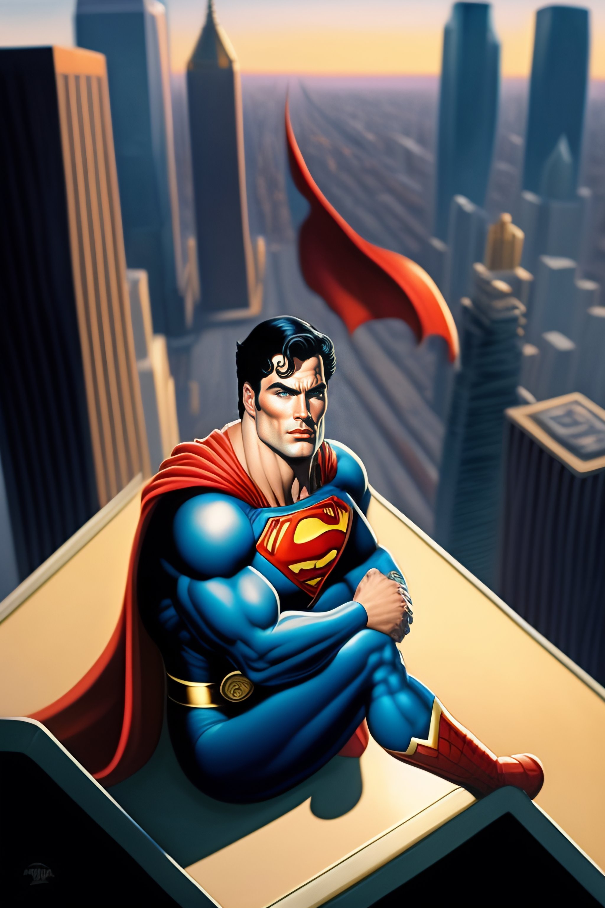 Lexica - Superman sitting on a roof looking down at a city below ...