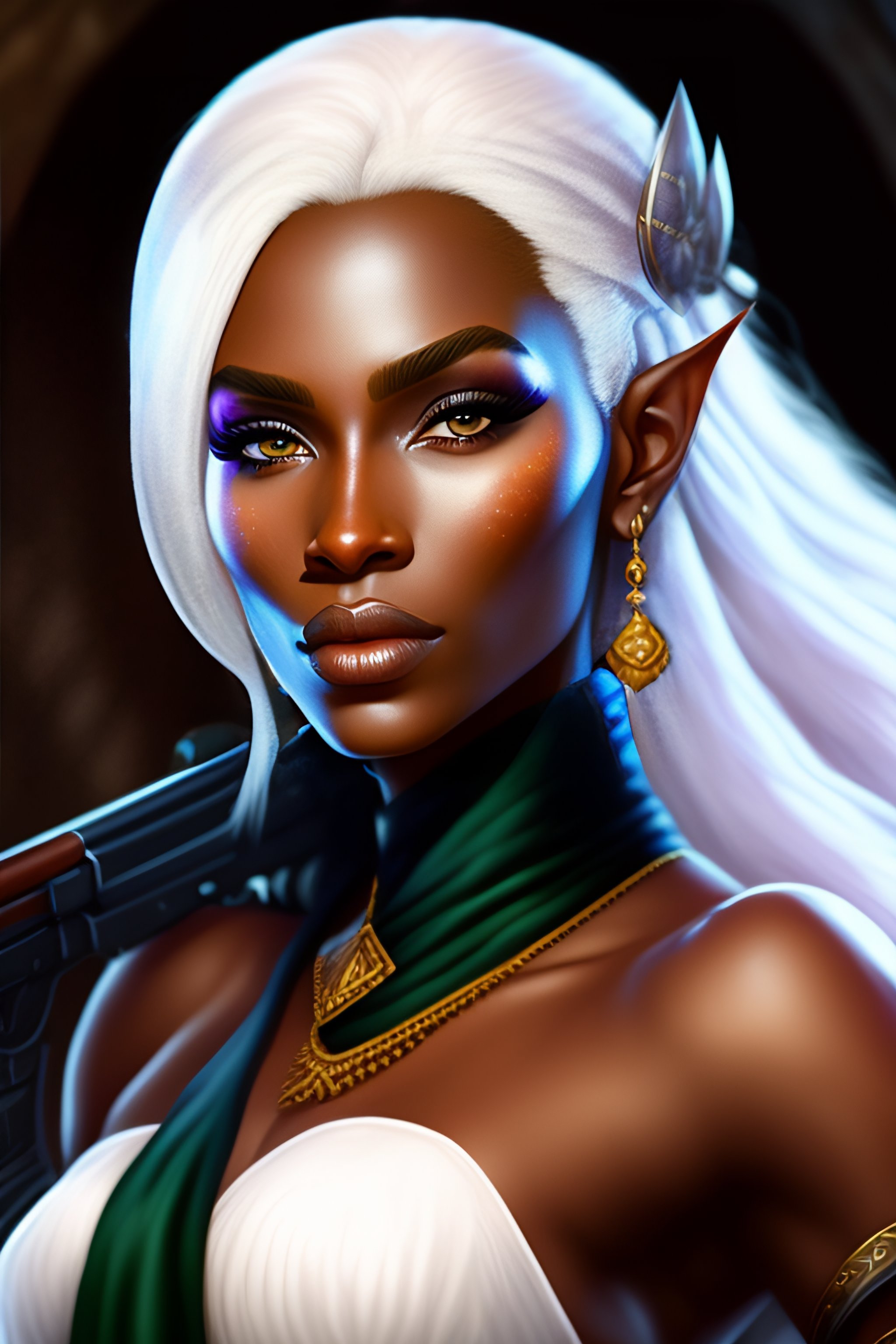 Lexica - Drow Elf woman with Dusky complexion and white hair, holding a rifle.