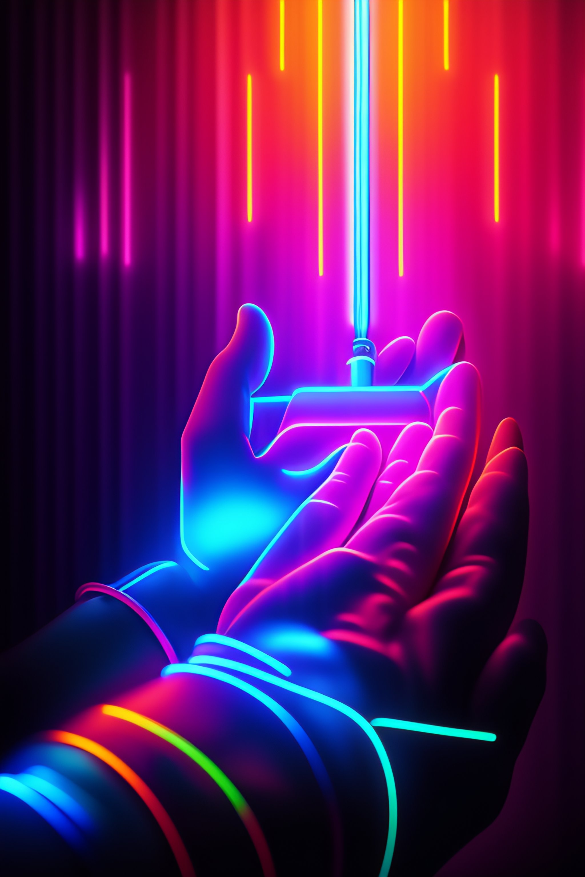 Lexica - Synthwave of a rosary on hand praying Neon lights