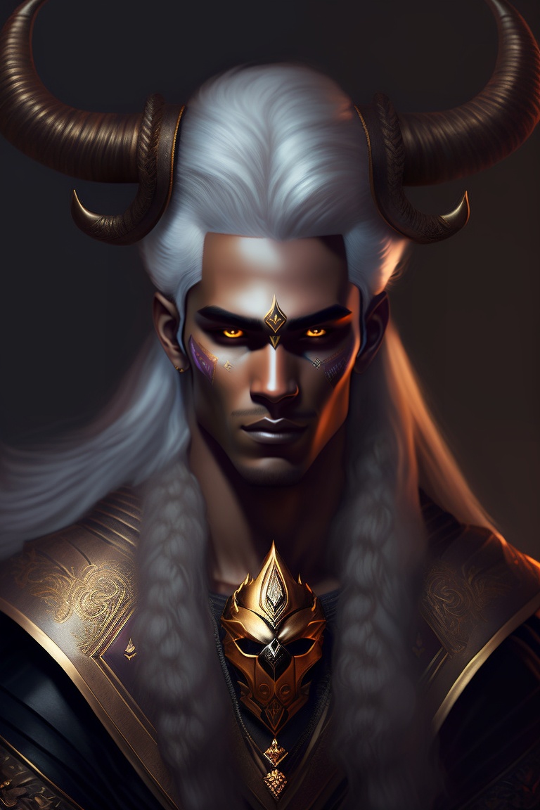 Lexica - Realistic photo, young white haired demon man, golds, blacks ...