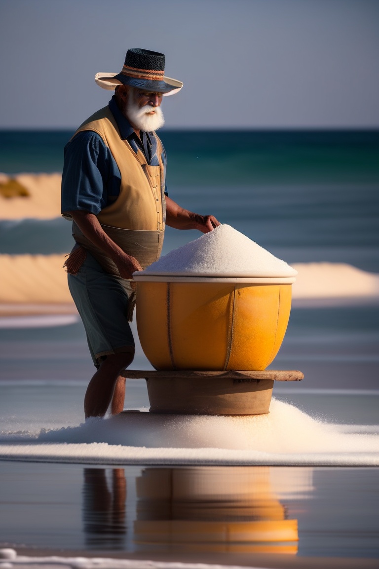 Lexica - Traditional salt maker on the beach, cinematic