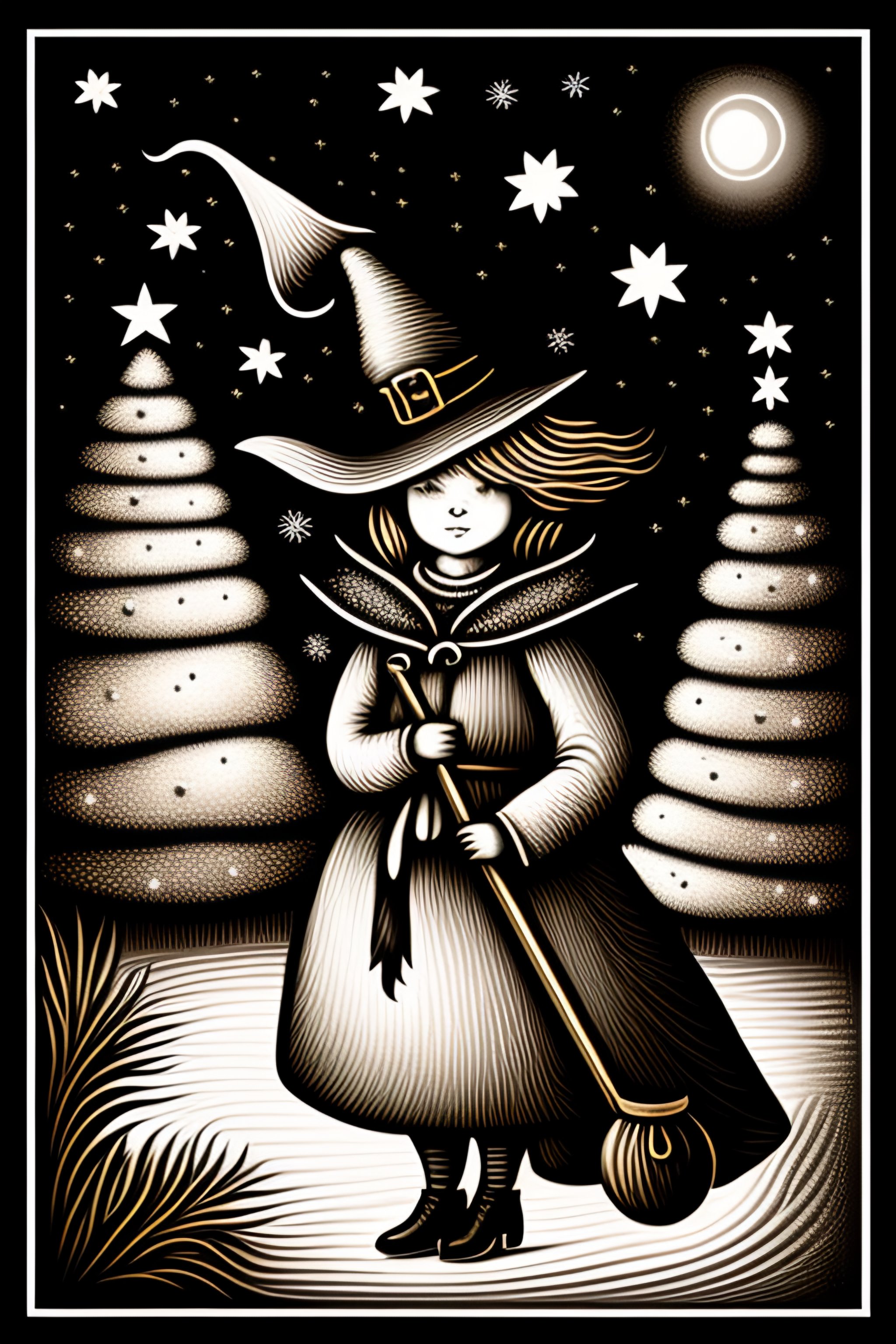 Lexica - A little tired witch in a hat sits on a broomstick and flies ...