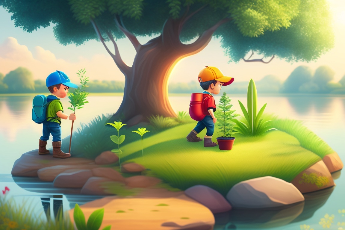 Lexica - Cartoon boy planting tree near riverside , took care of plants ...