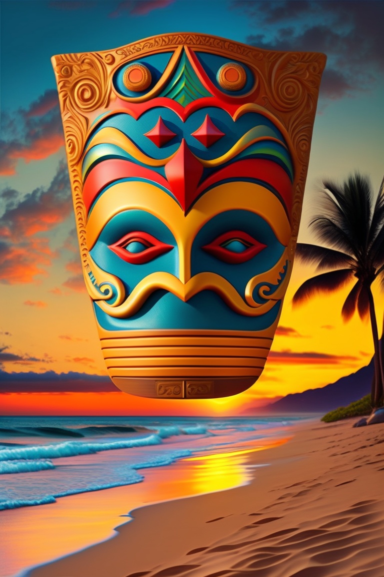 Lexica - Tiki mask on the beach, sunset, 50s cartoonish style, music ...