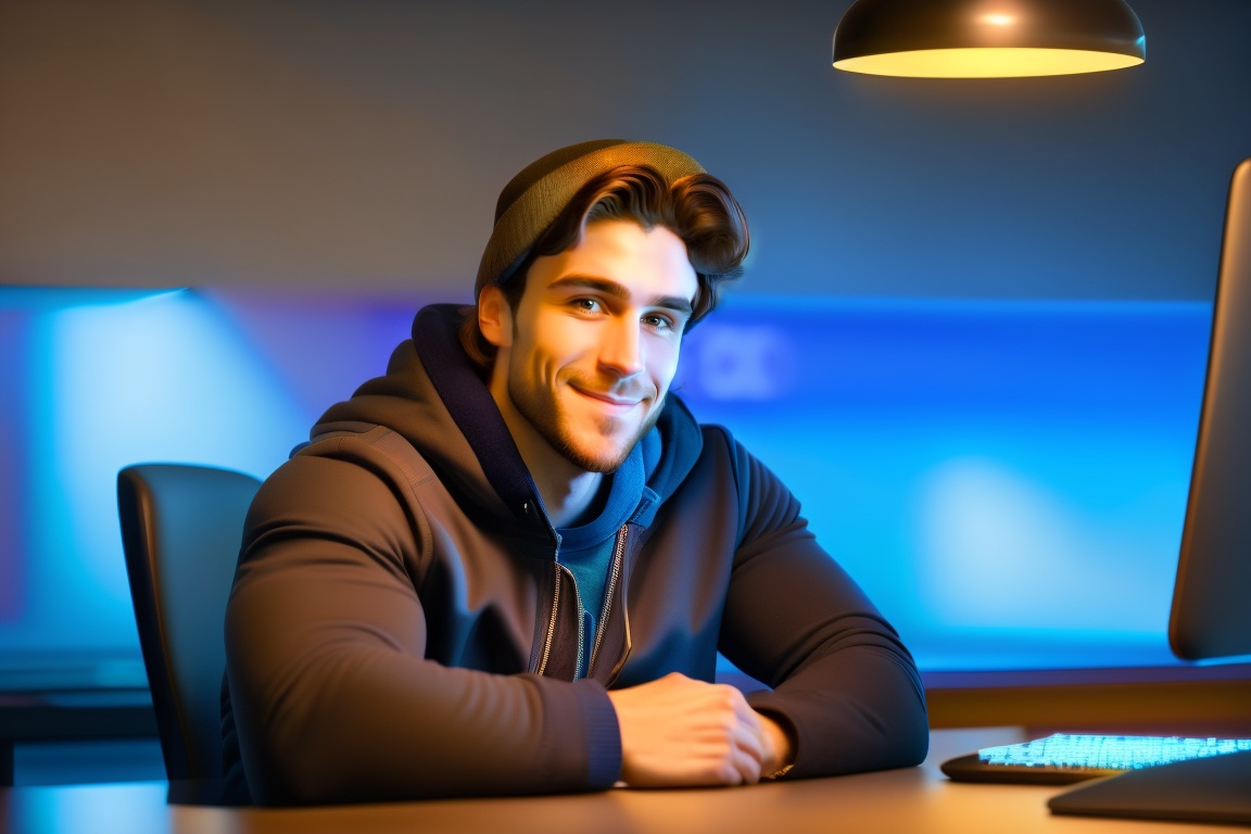 Lexica - Young man sitting at a modern narble desk looking into the ...