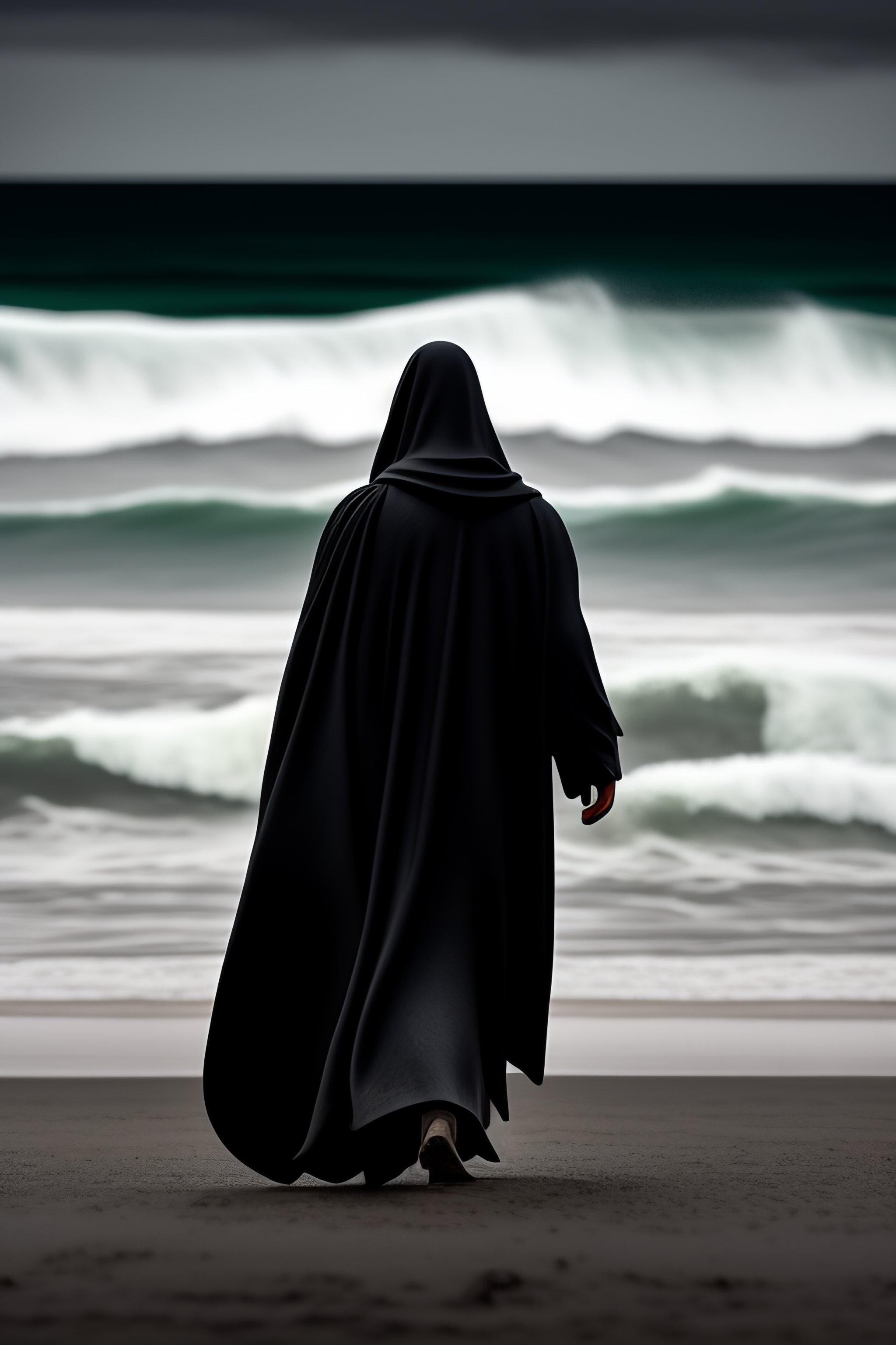 Lexica - Small figure of a grim reaper walking along a stormy beach ...
