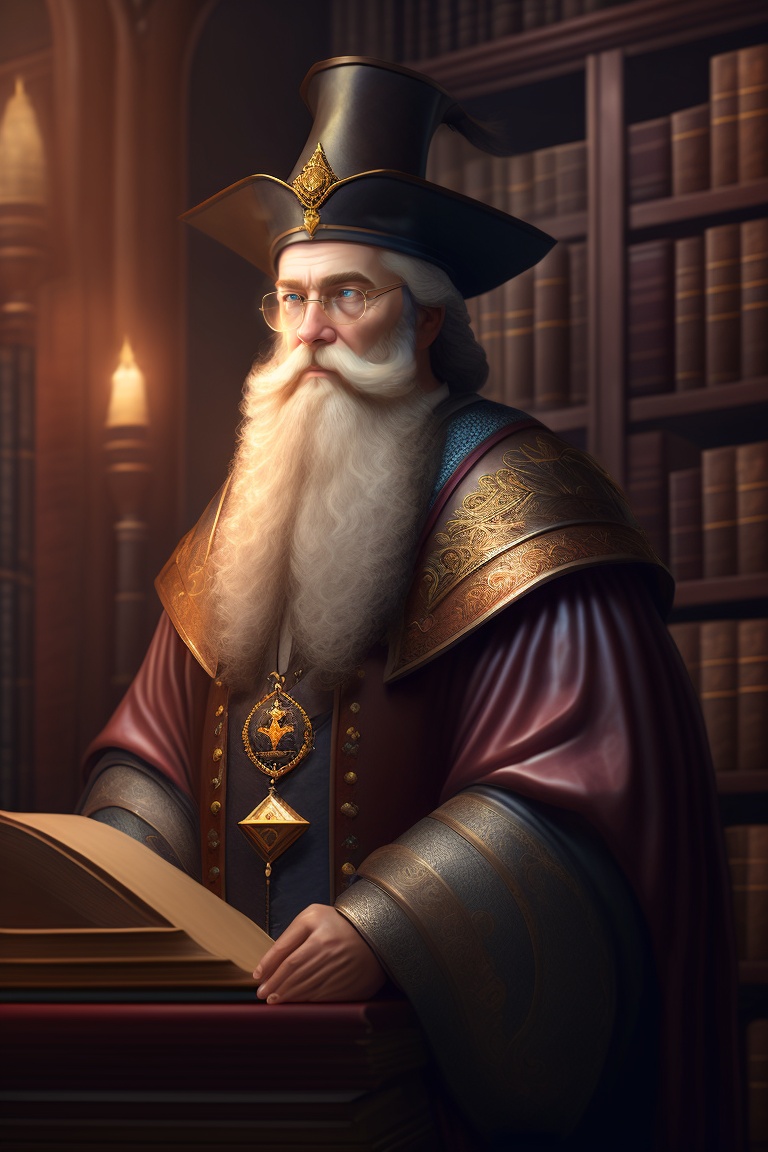 Lexica - Wise wizard, long beard and mysterious tome, standing in dimly ...