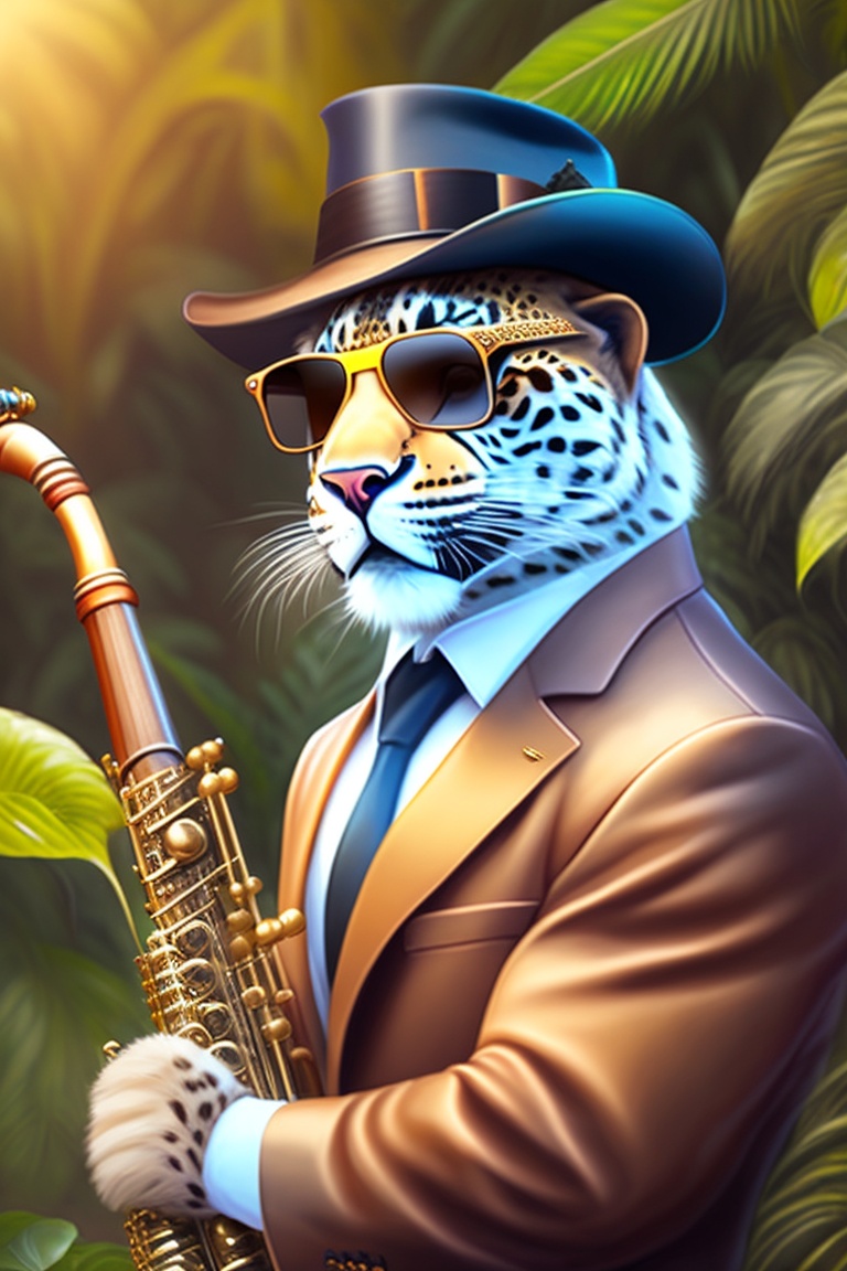 Lexica - Leopard, playing saxophone, sun glasses, blues brothers, jungle