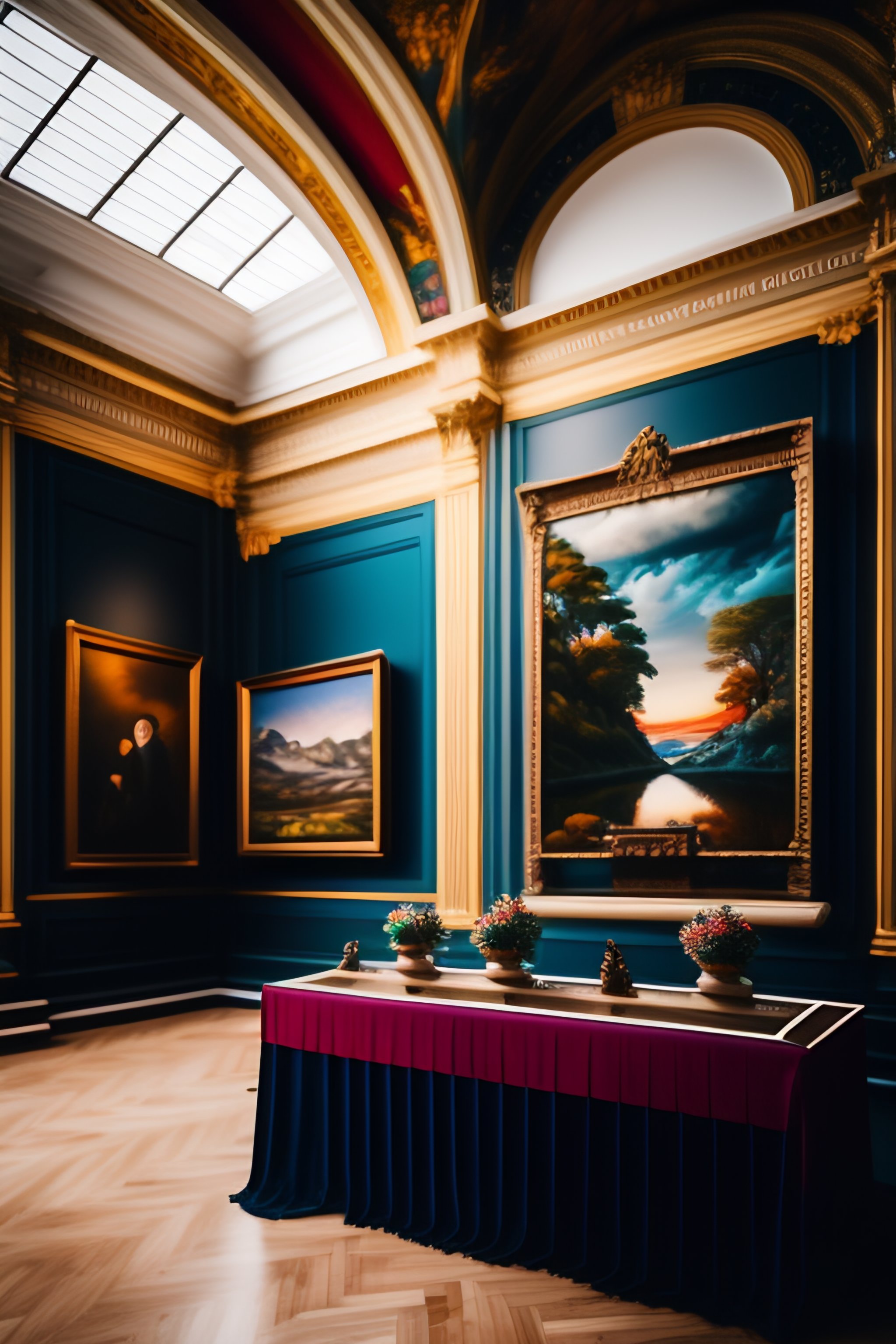 Lexica - A photography of a museum room with paintings, film style 35mm