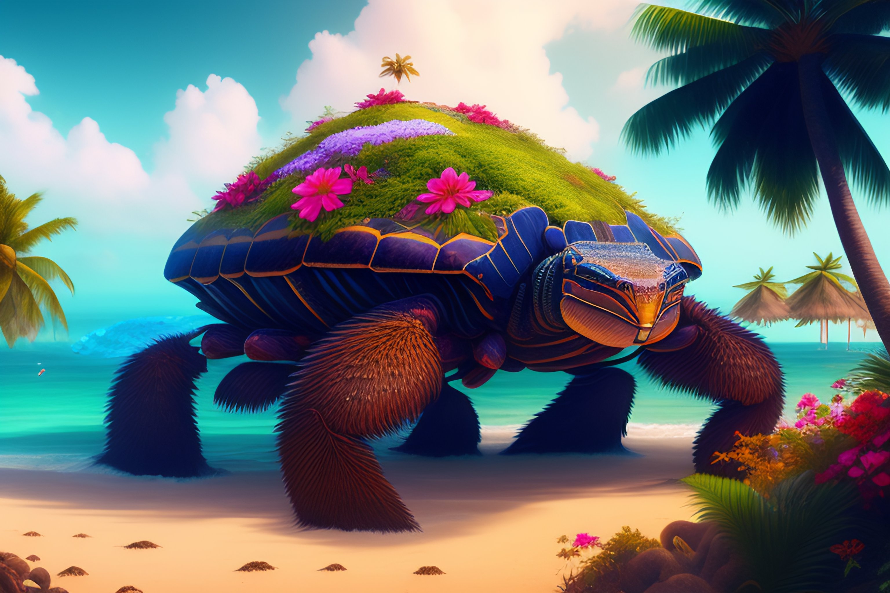 Lexica - Giant coconut crab horror monster creature on tropical beach sand with greeneries and ...