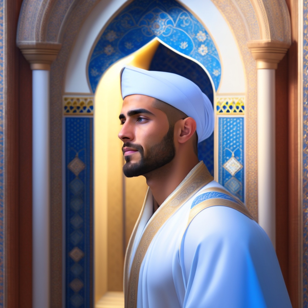 Lexica - A handsome mosque imam, aged 35, with a short beard, clad in a ...