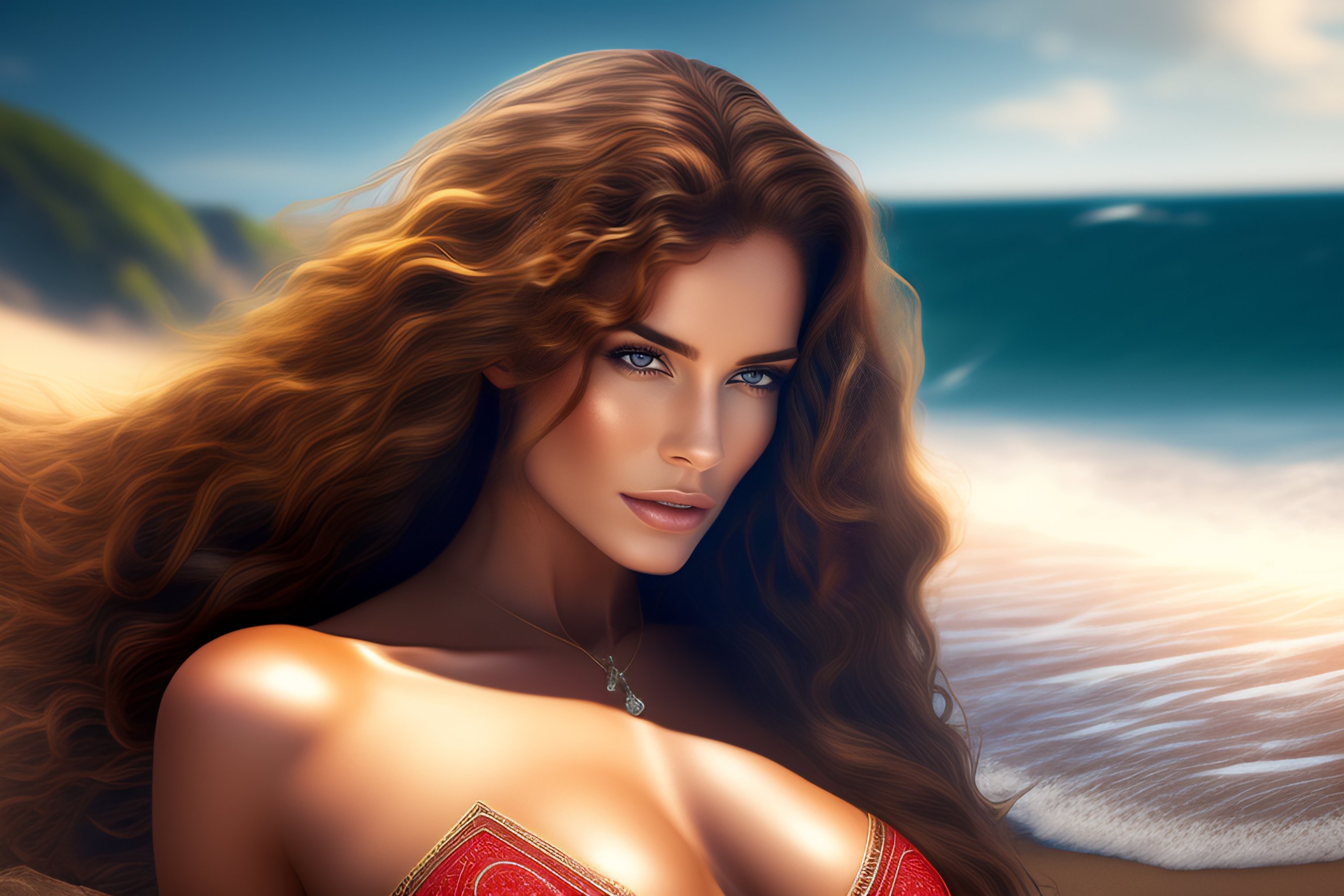 Lexica - Gorgeous with long hair, detailed, hyper realistic, beach, 4k