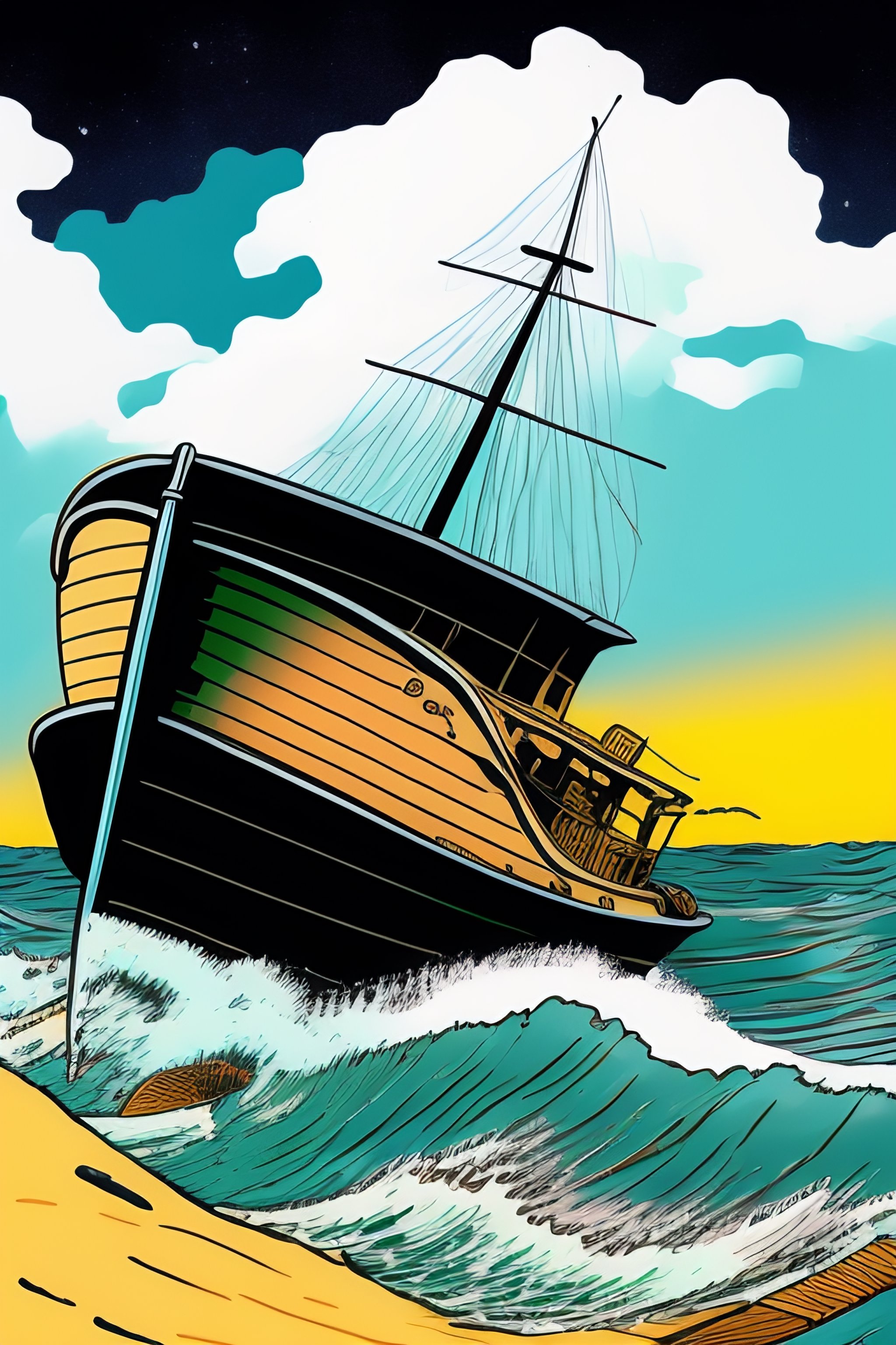 Lexica - Broken old boat in big storm, illustrated by hergé, style of ...