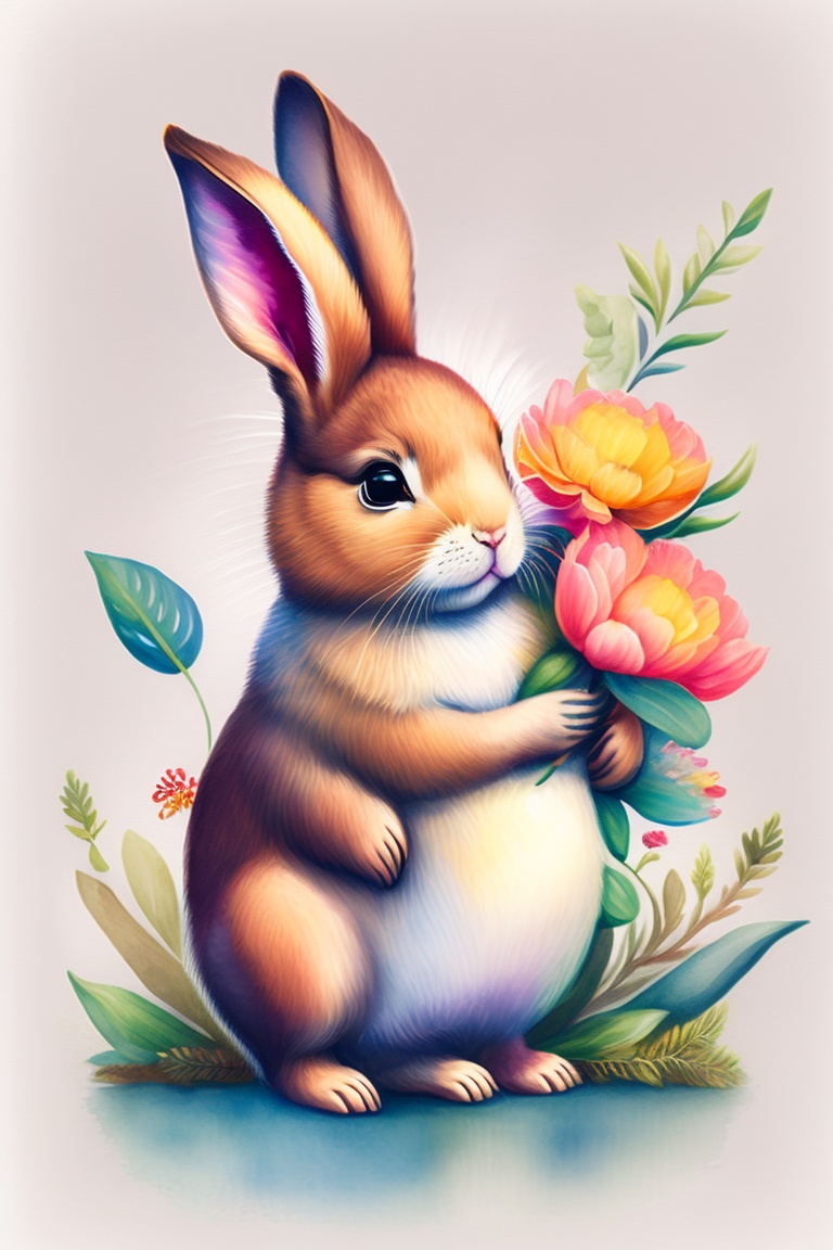 Lexica - A cute bunny holding a bouquet of flowers, in gentle retro ...