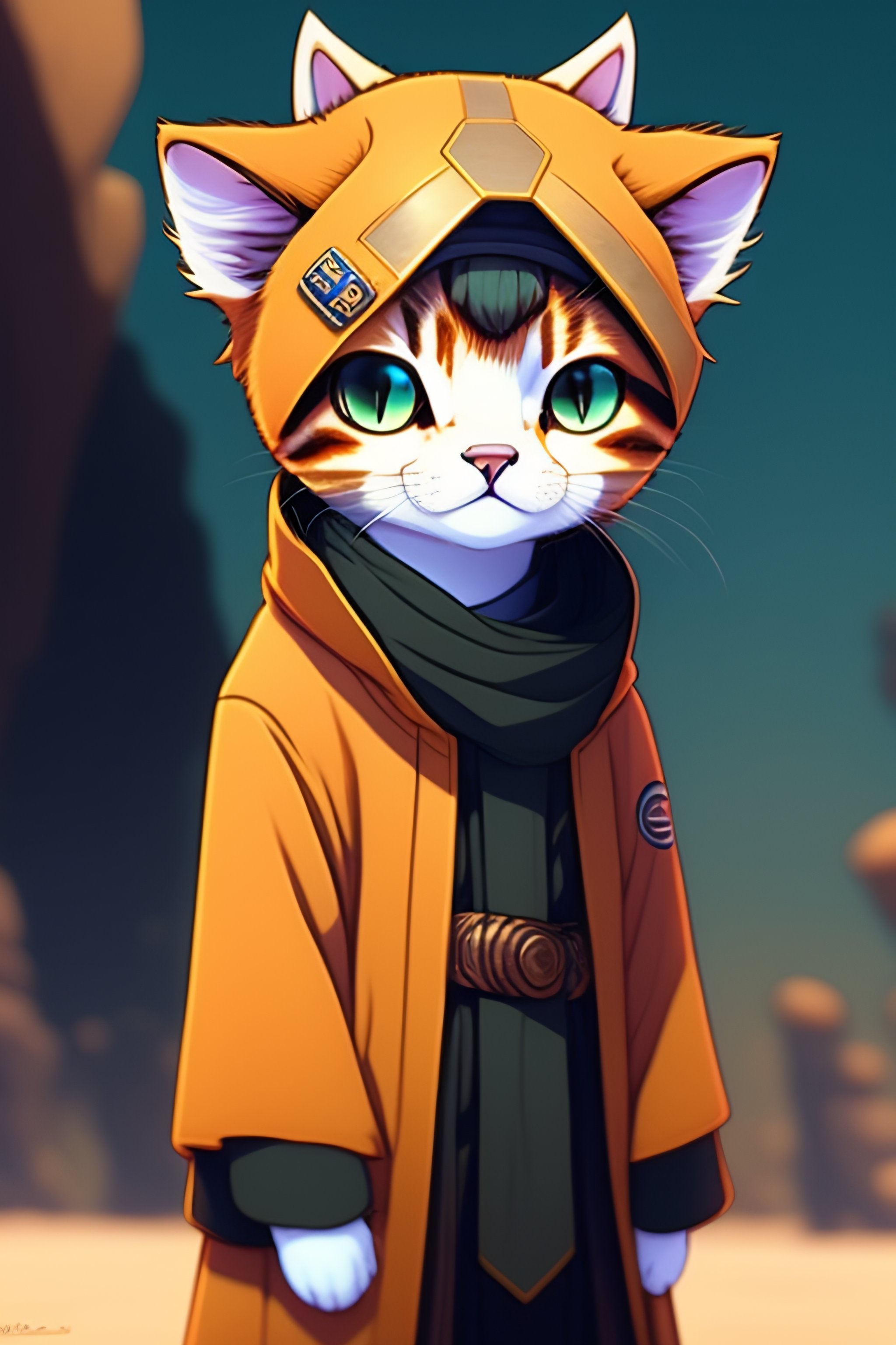 Lexica - Cute cat as jedi, wearing lobe, on sand planet.