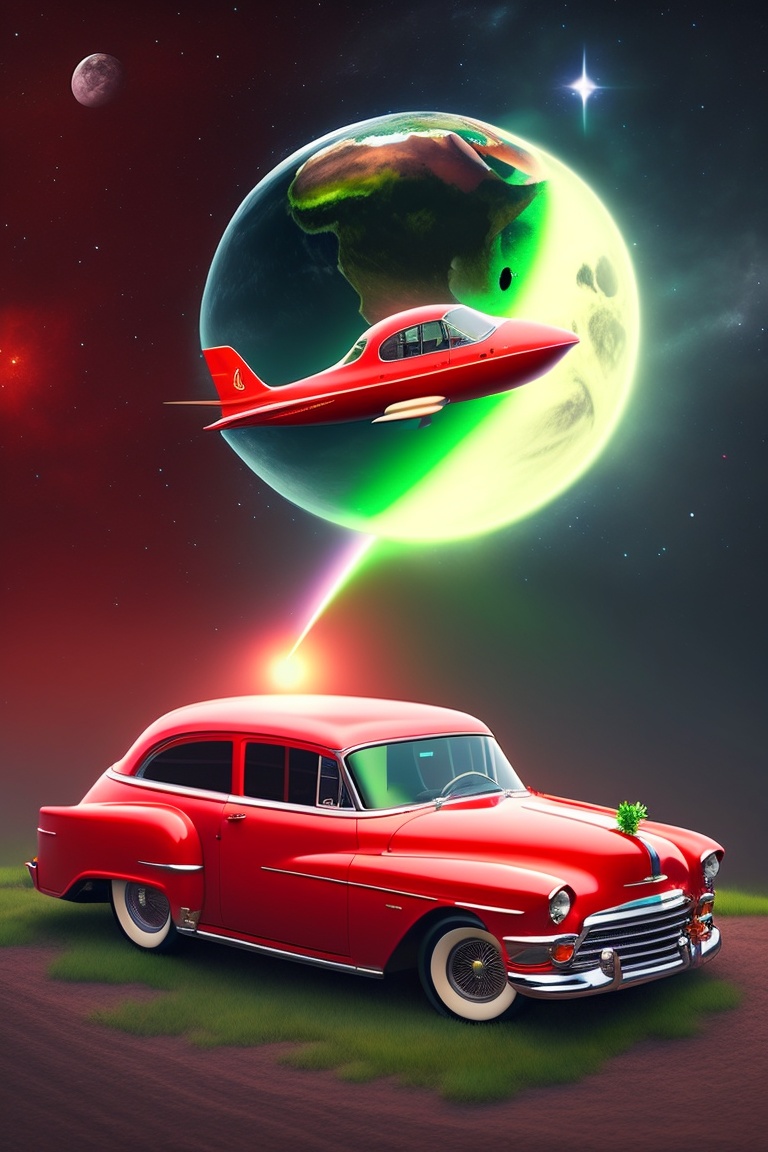Lexica - A red car floating in outer space under a huge meteor shower ...