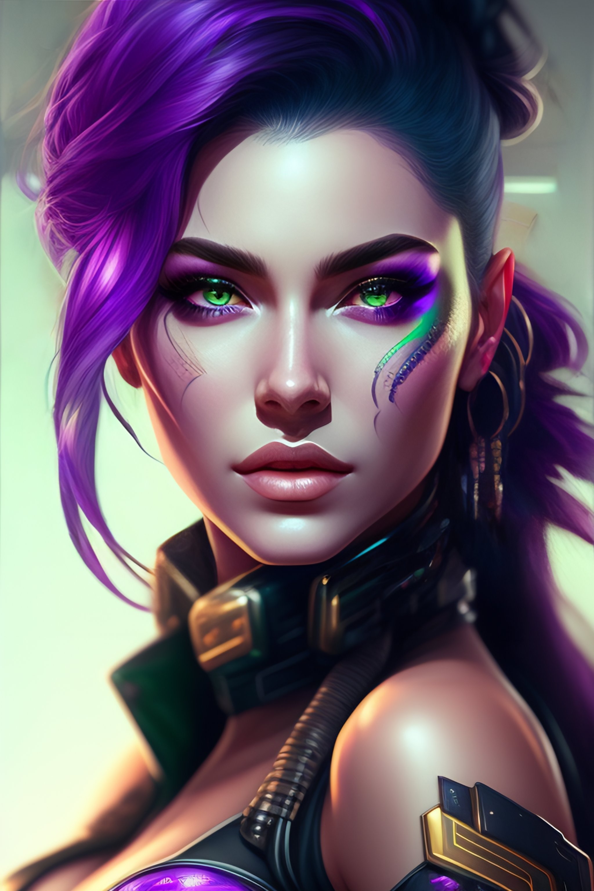 Lexica - Woman, big scar on the nose, green eyes, purple hair, looks ...