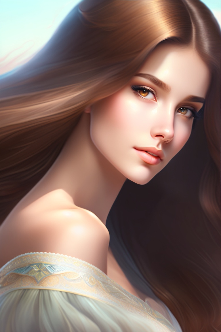 Lexica - In the image, there is a beautiful girl with long, flowing brown hair. Her eyes are ...