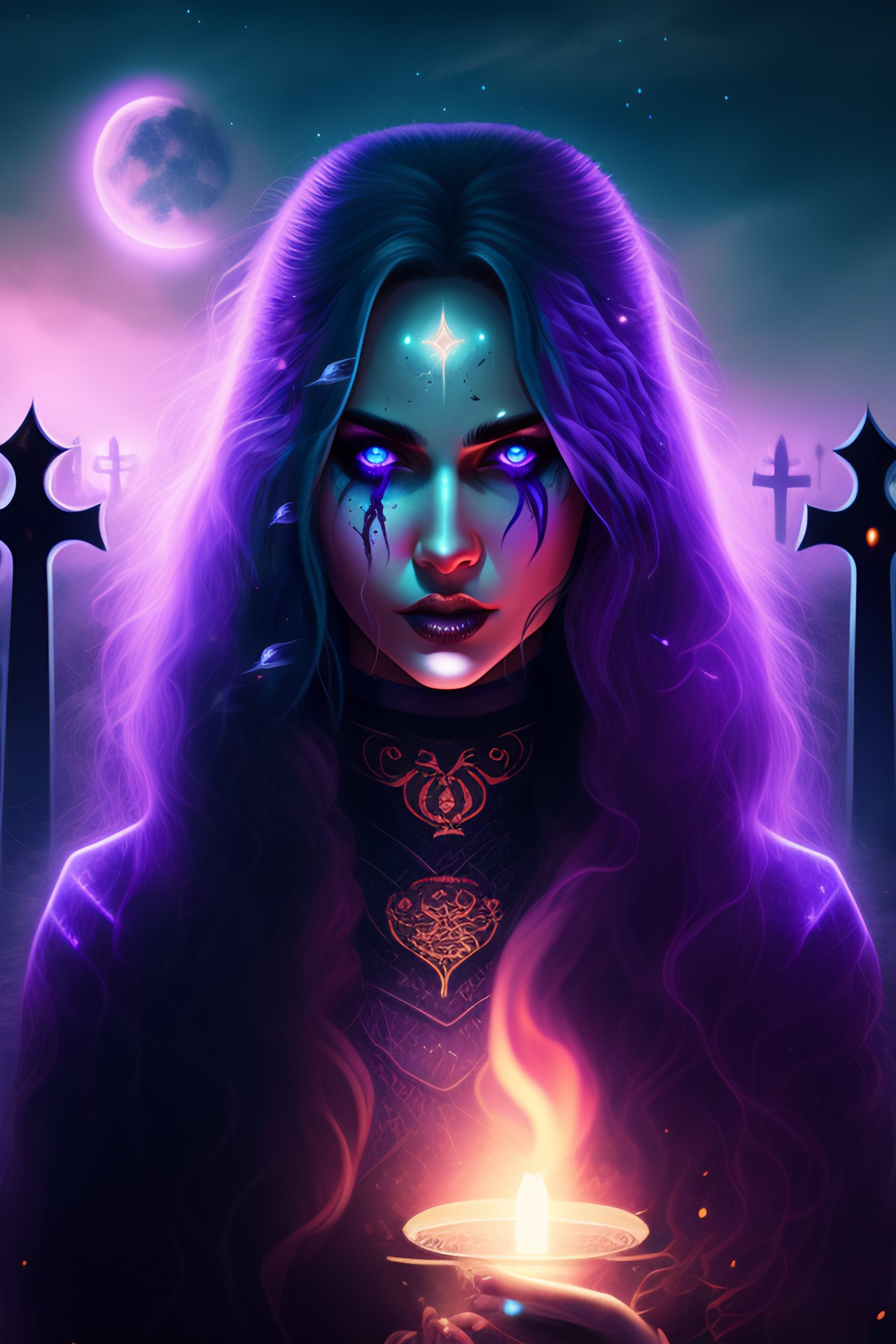 Lexica - Necromancer girl in a cemetery at midnight, glowing eyes, evil ...