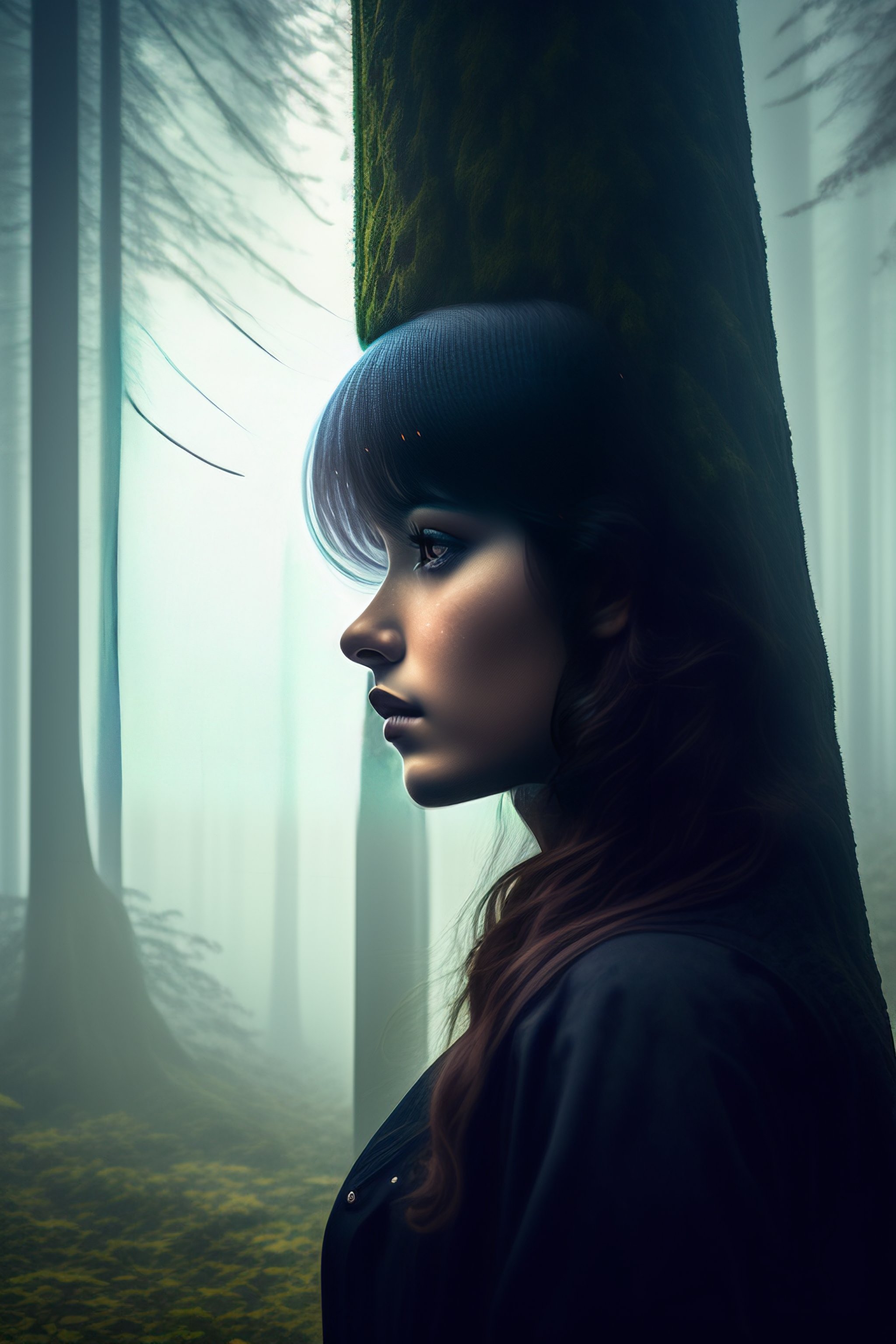 Lexica - Ghostly girl peeking from behind a tree in a dark foggy forest