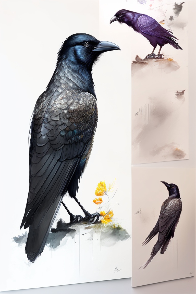 Lexica - Ink drawing of a raven, side profile, moden ao Dai, full body ...