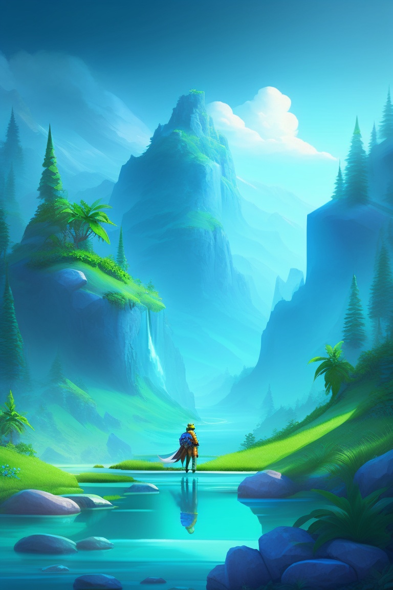 Lexica - Blue and green scenery background, a hero setting forth to an ...