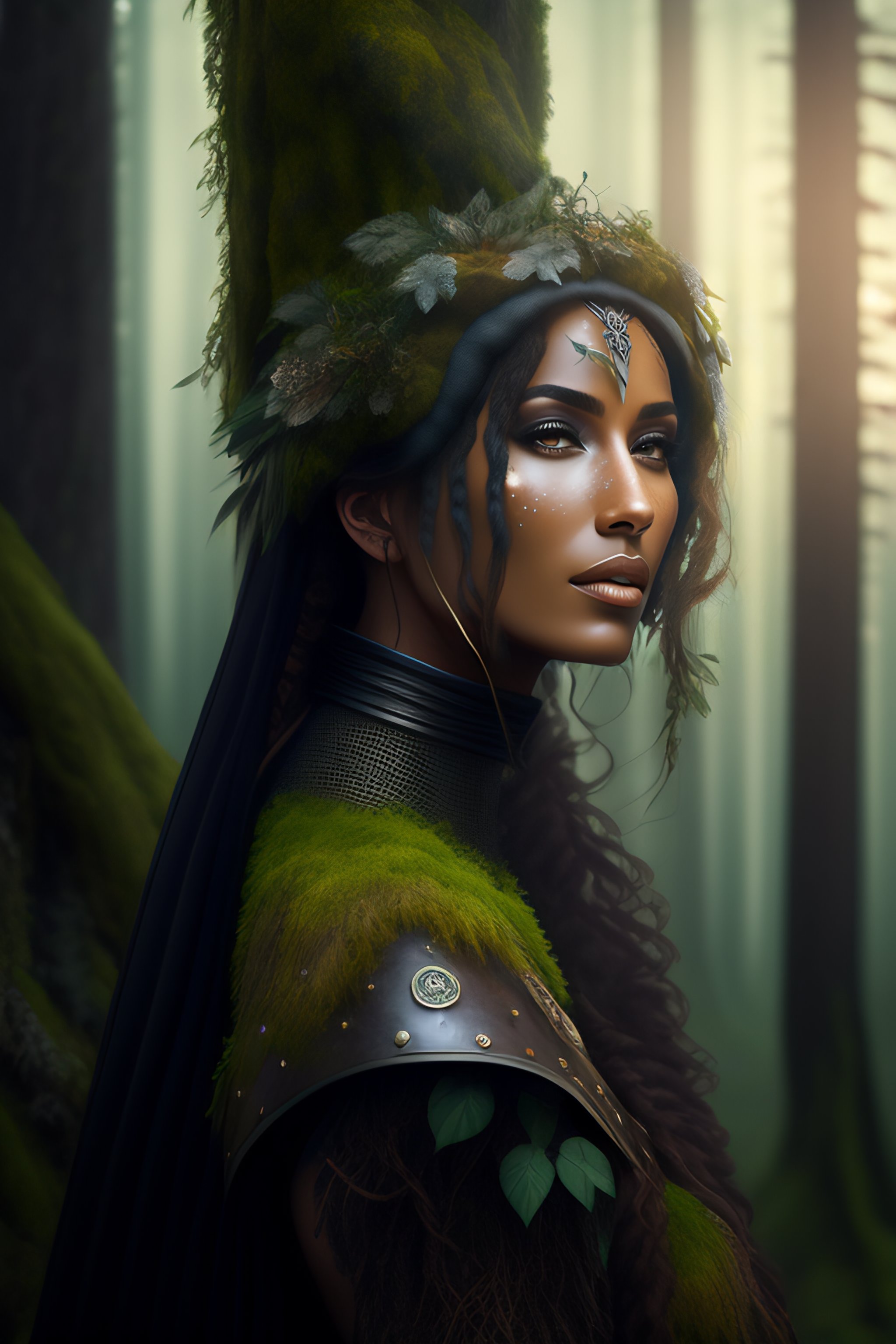 Lexica - Photorealistic, Dryad with skin of moss and armor of bark, forest