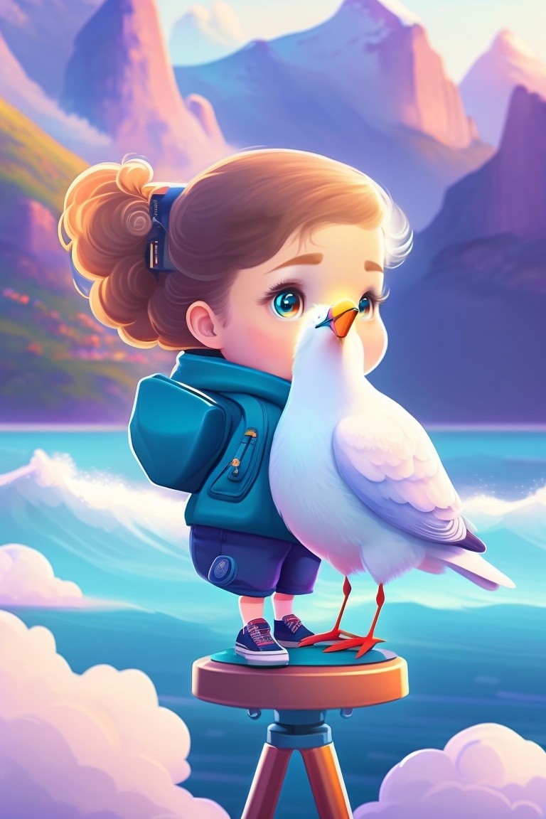 Lexica - A cute child with a camera on a tripod shoots a seagull ...