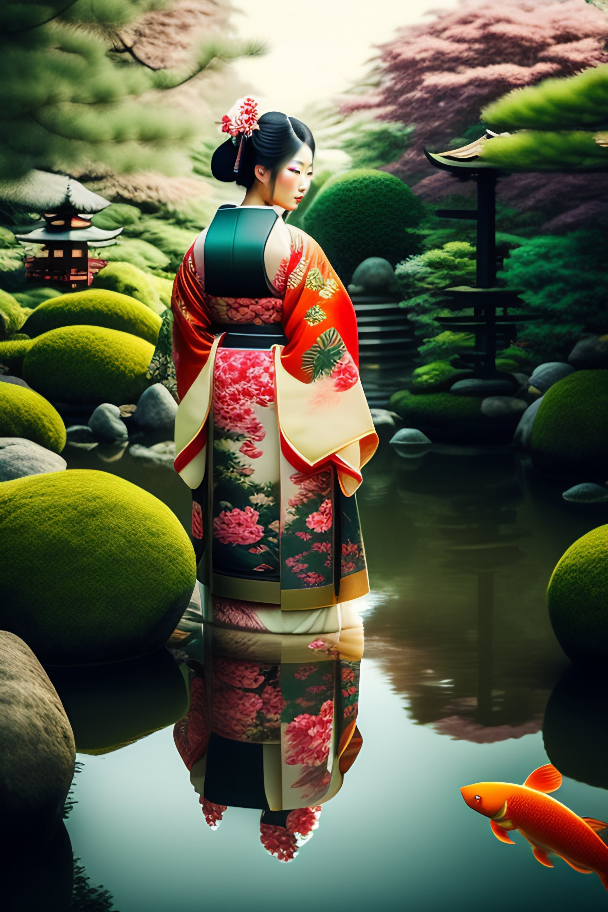 Lexica - Beautiful Japanese geisha in a Japanese garden with a koi fish ...