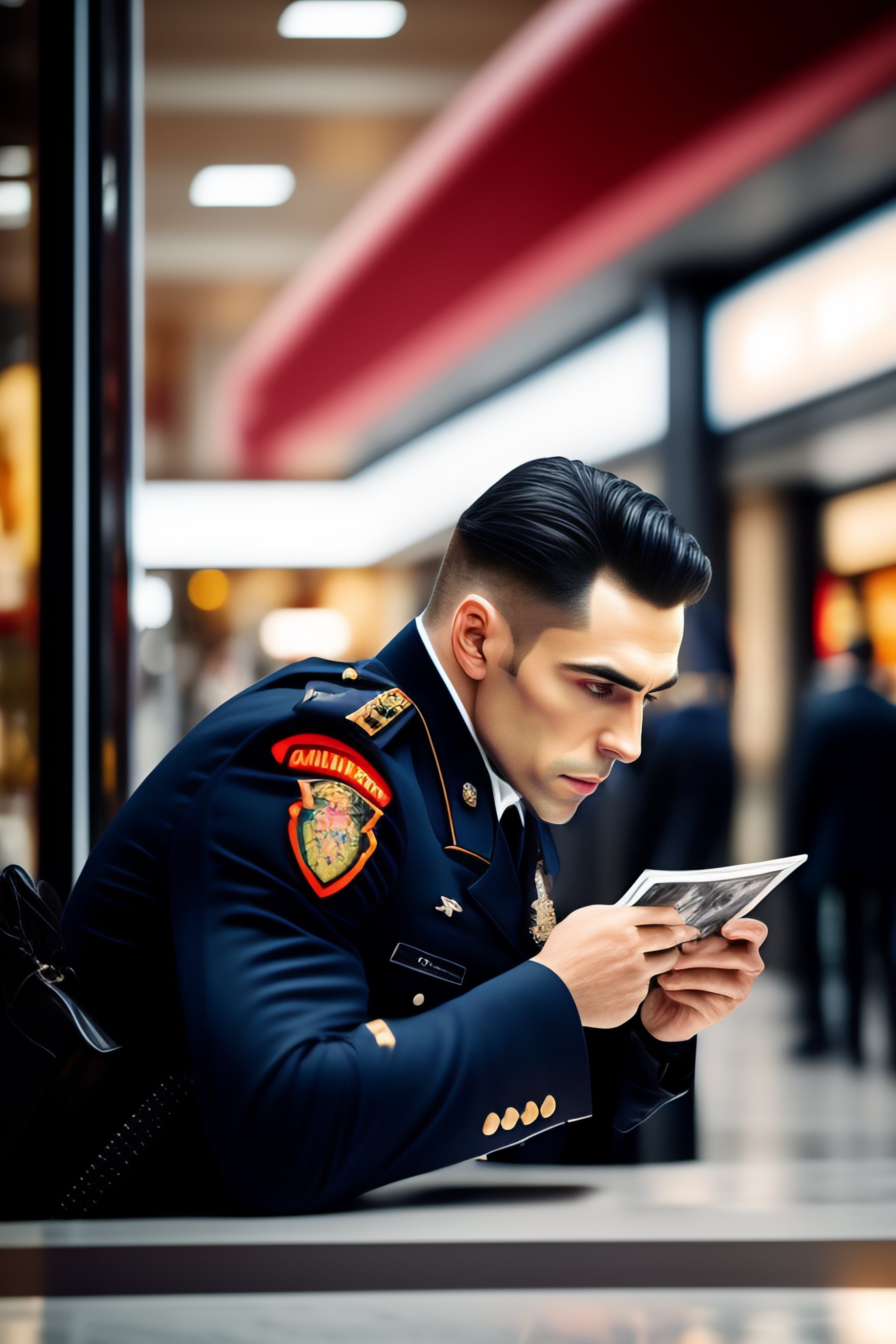 Lexica - A male vampire reading a magazine in a mall in a police uniform
