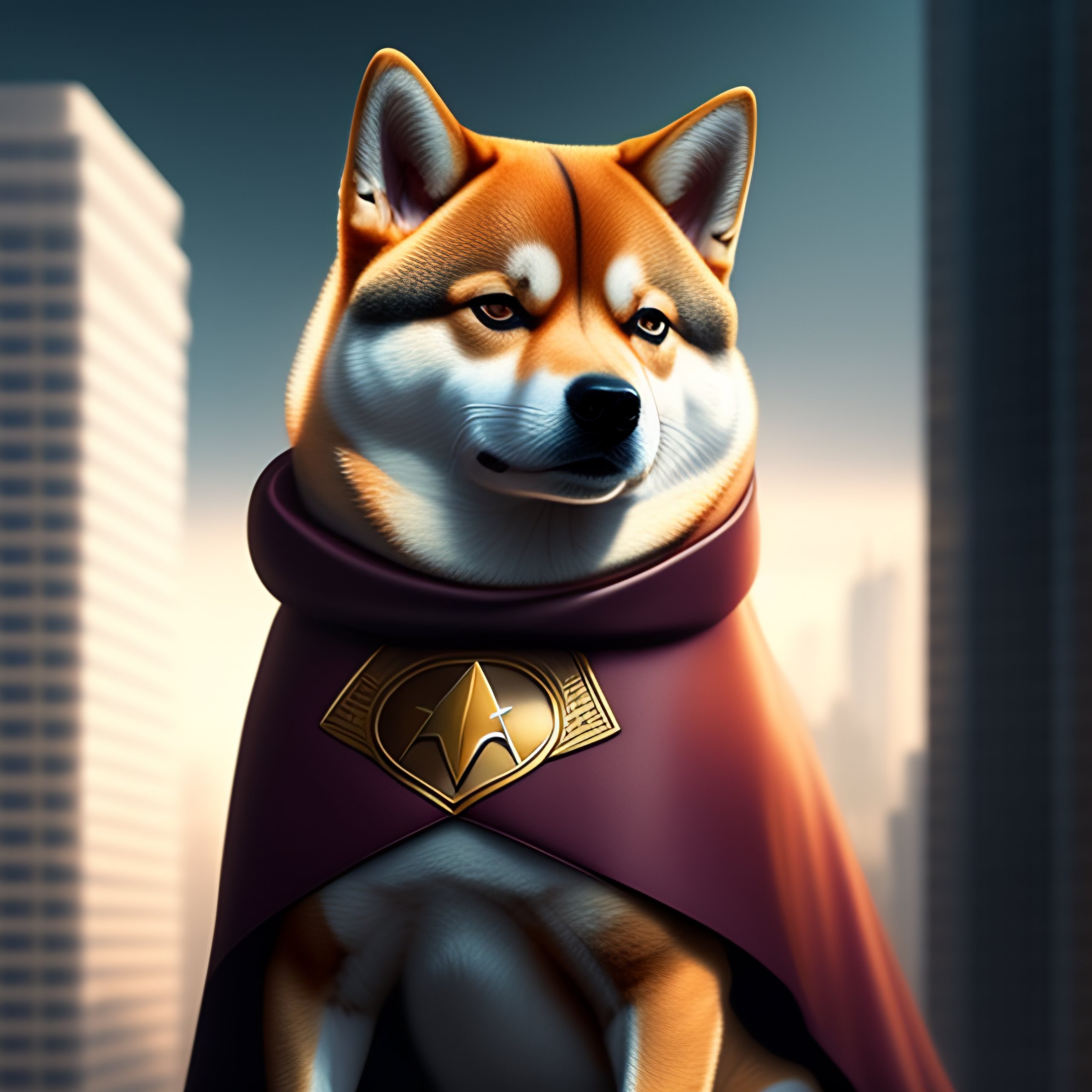 Lexica - Shiba inu as a superhero with a cape watching over a big city ...