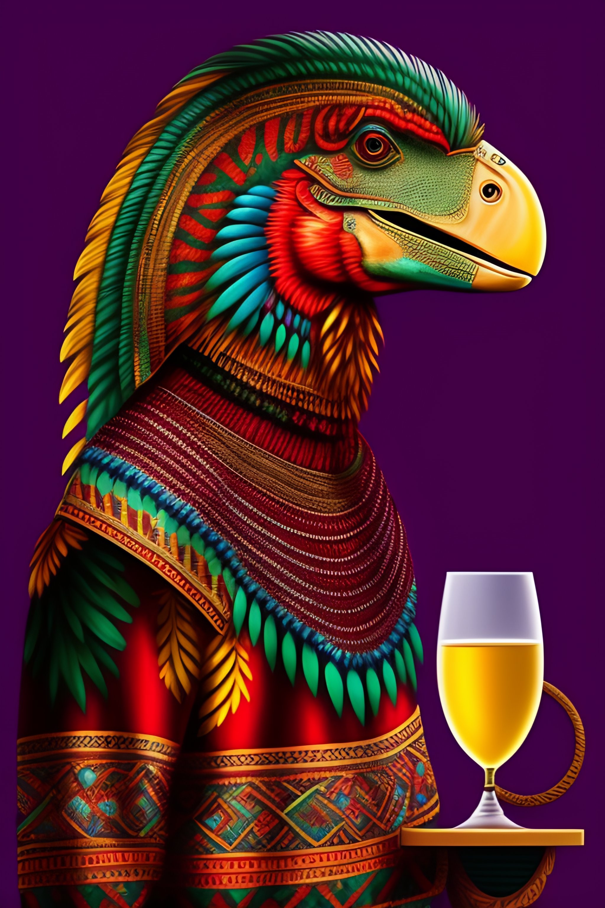 Lexica - Humanoid feathered dinosaur, aztec clothes, wineglass, digital art