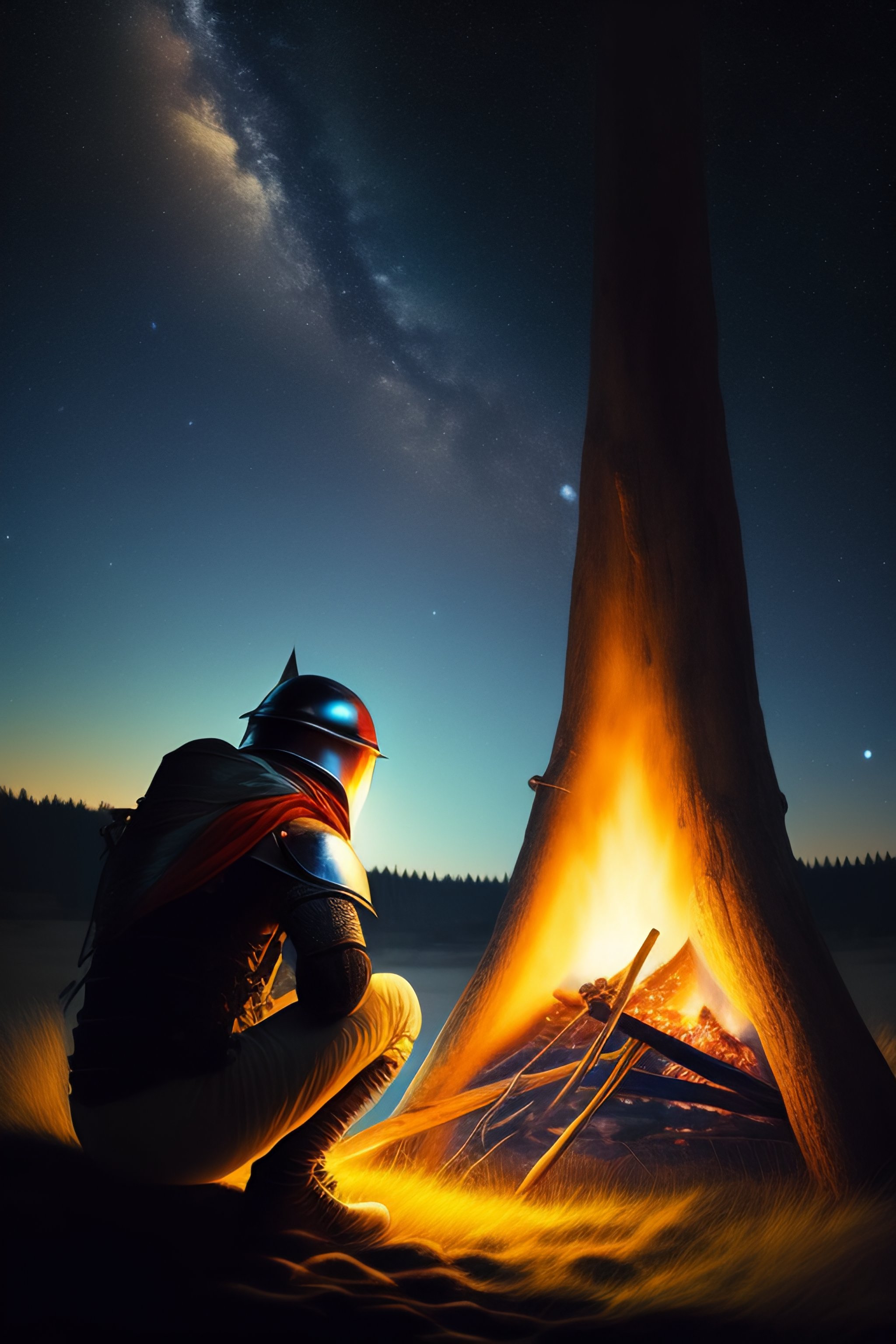 Lexica - A knight resting beside a campfire looking up at the stars at ...